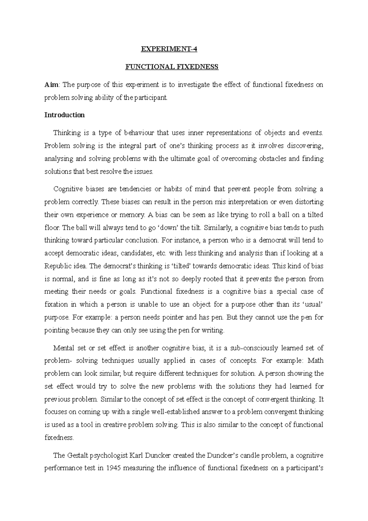 Functional Fixedness - EXPERIMENT- FUNCTIONAL FIXEDNESS Aim: The ...