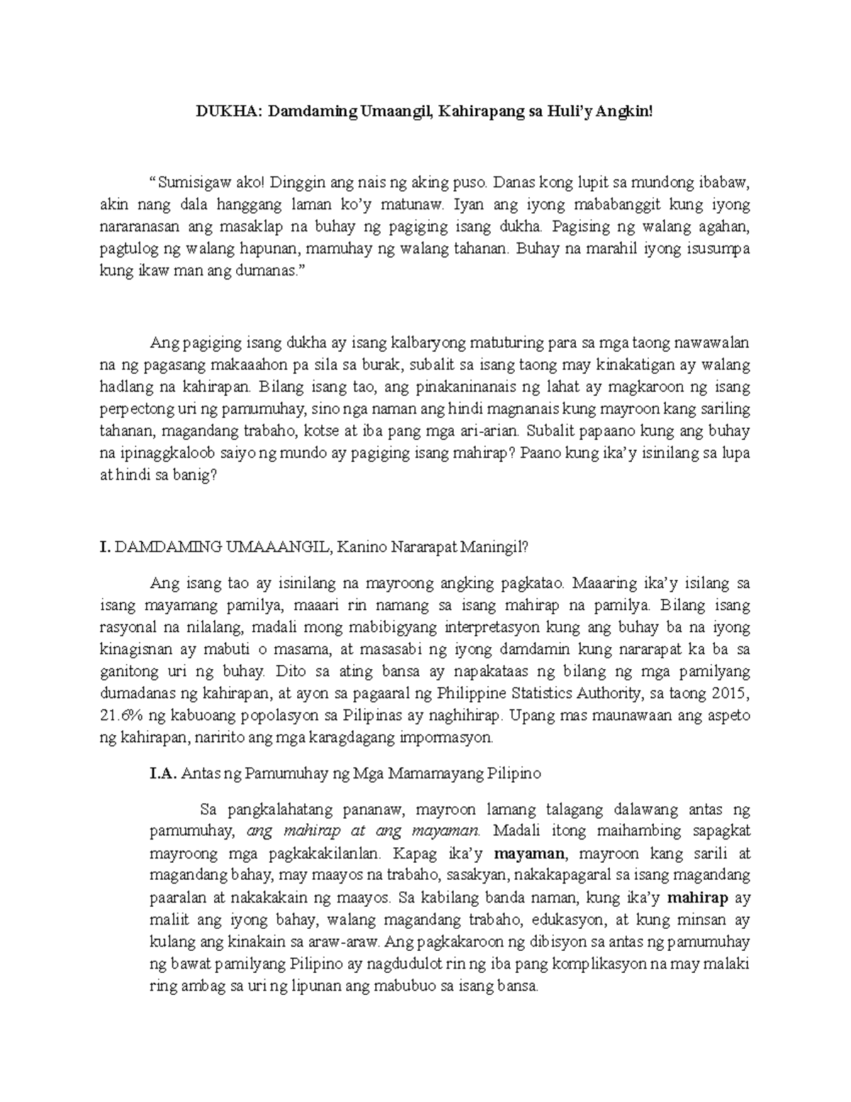 Dukha Artikulo sa Filipino - DUKHA: Damdaming Umaangil, Kahirapang sa ...