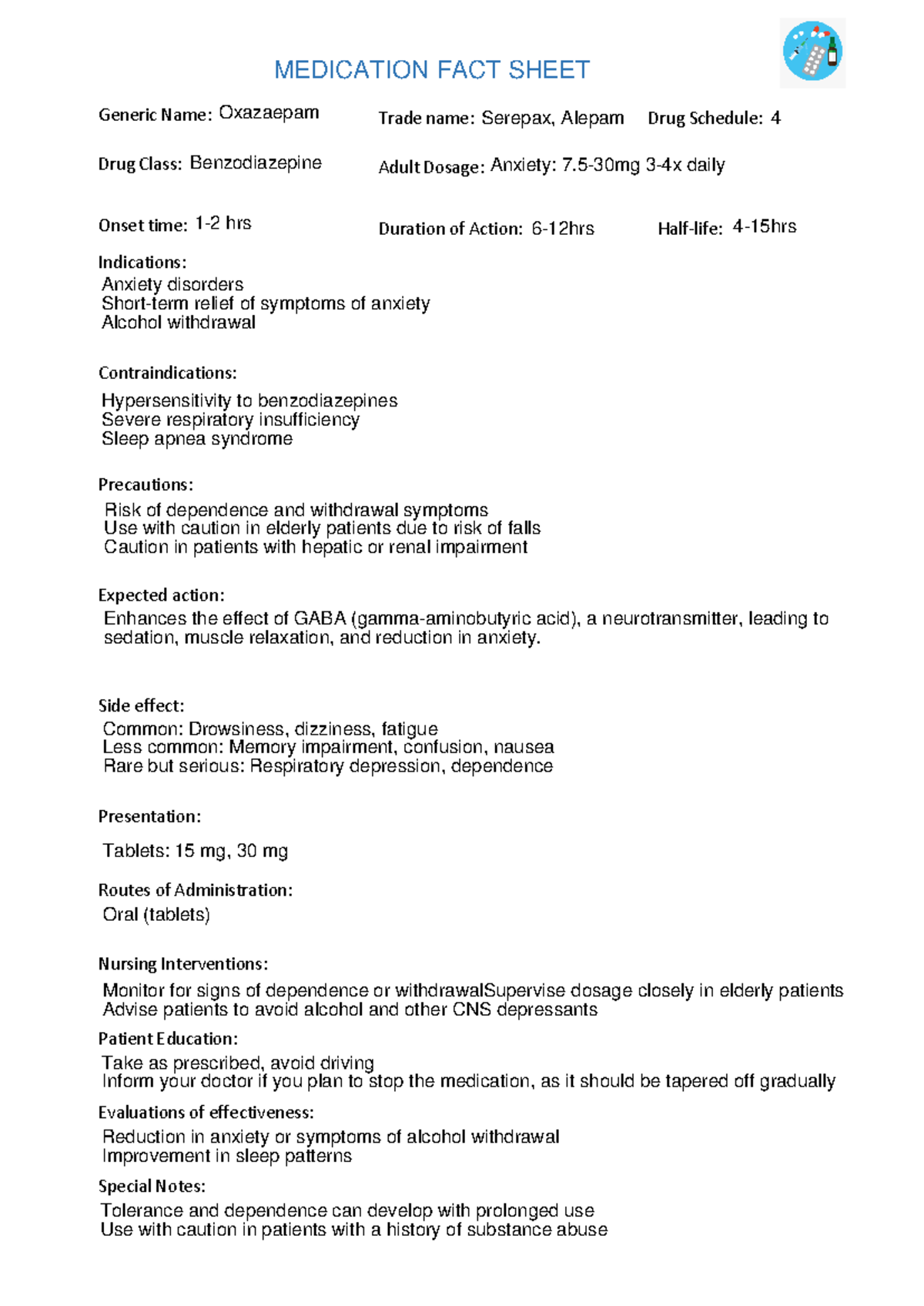 Med fact sheet Oxazepam - NS1882 - MEDICATION FACT SHEET Generic Name ...