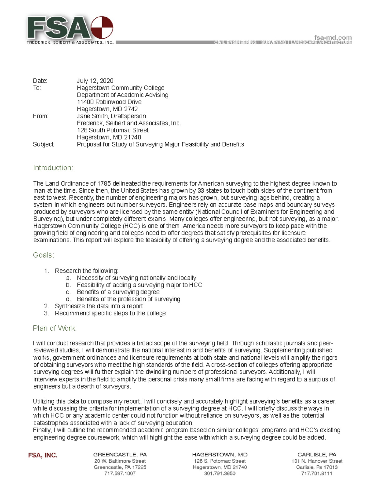 Sample Long Report Proposal - Date: July 12, 2020 To: Hagerstown ...