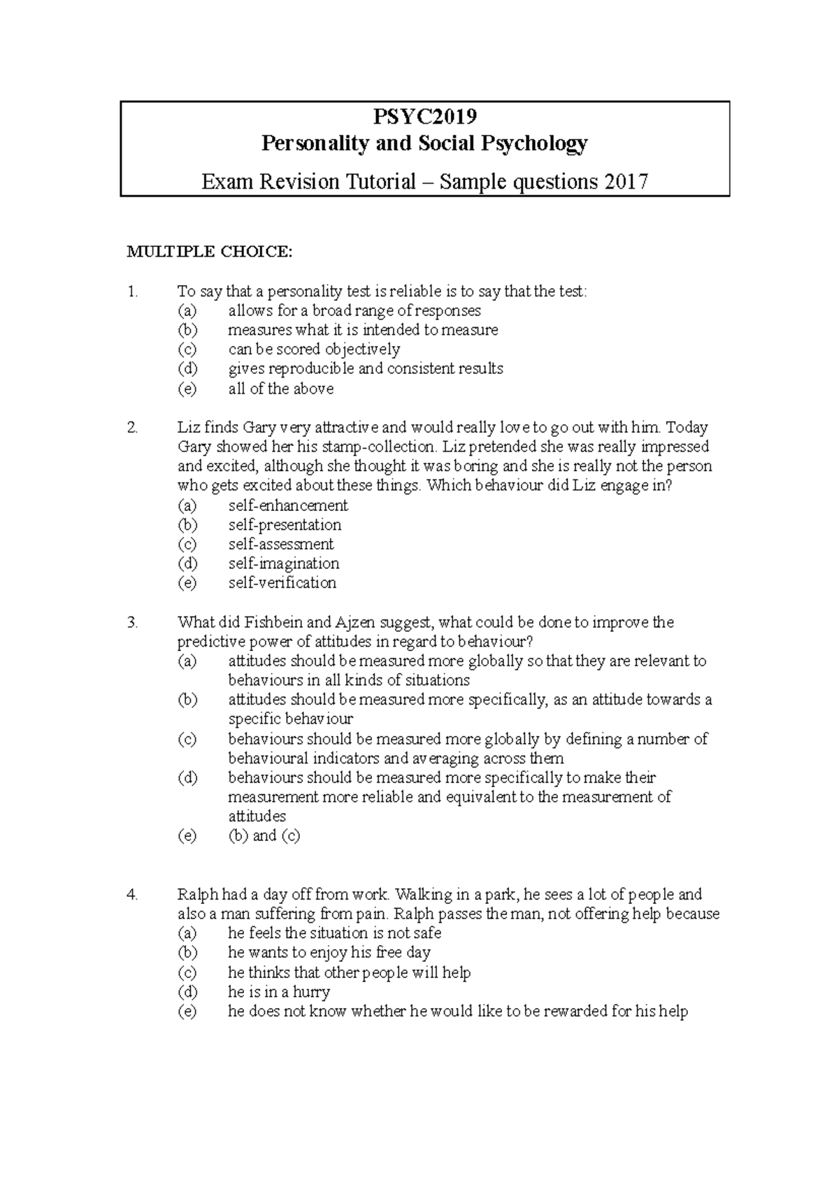 Exam 2018, questions and answers - PSYC2019 Personality and Social Psychology Exam Revision ...