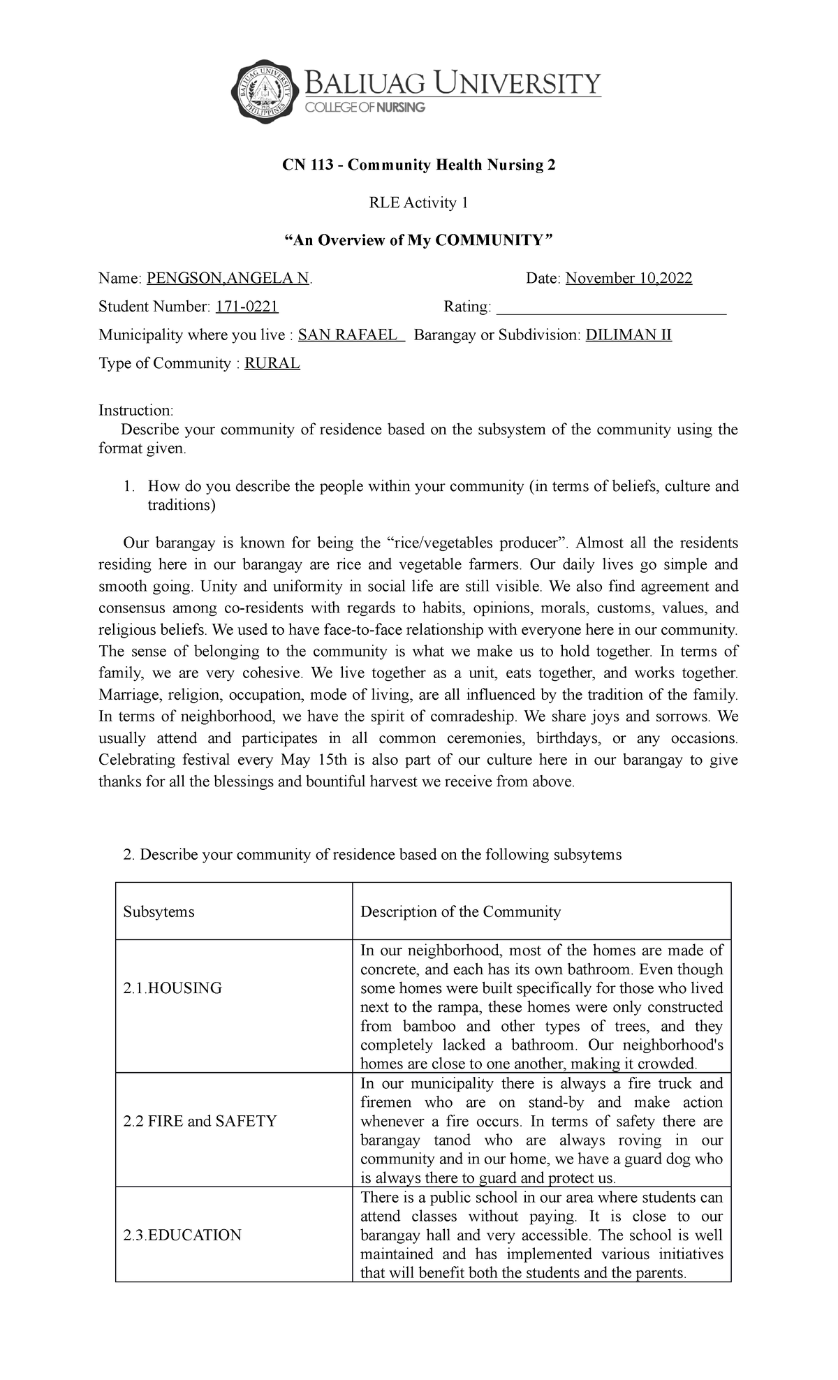 RLE Activity 1- An Overview of MY Community - CN 113 - Community Health ...
