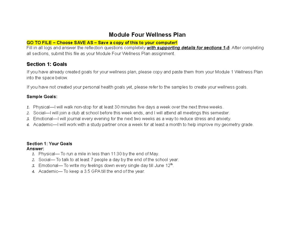 Module 4 wellness plan: sement 2 module 4 - Module Four Wellness Plan ...