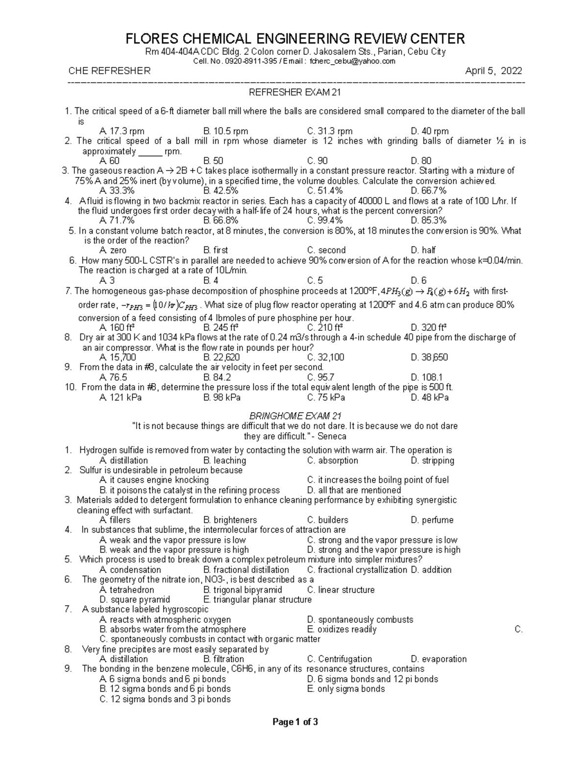Refresher notes - Page 1 of 3 FLORES CHEMICAL ENGINEERING REVIEW CENTER ...