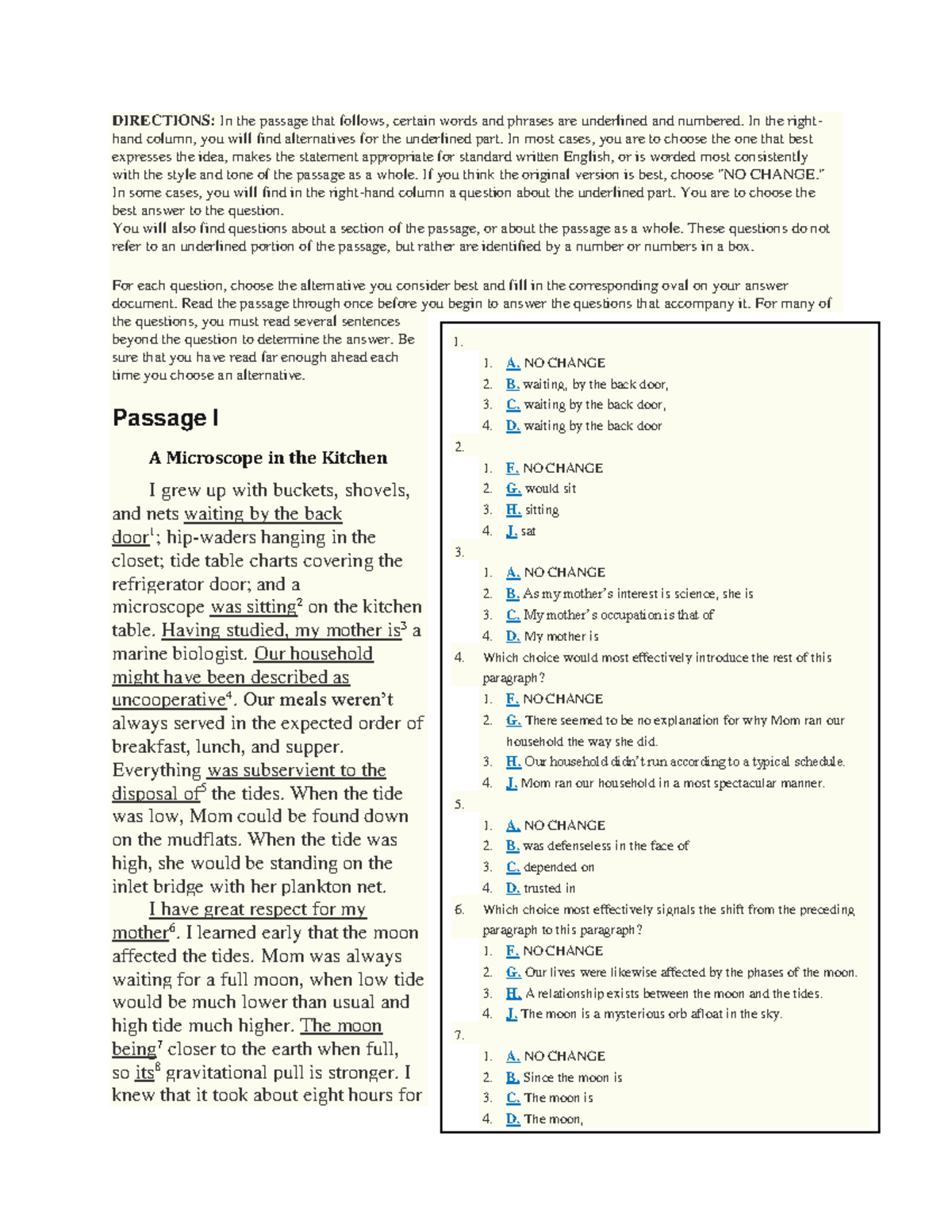 reading comprehension week 1- passage based - 1. 1. A. NO CHANGE B ...