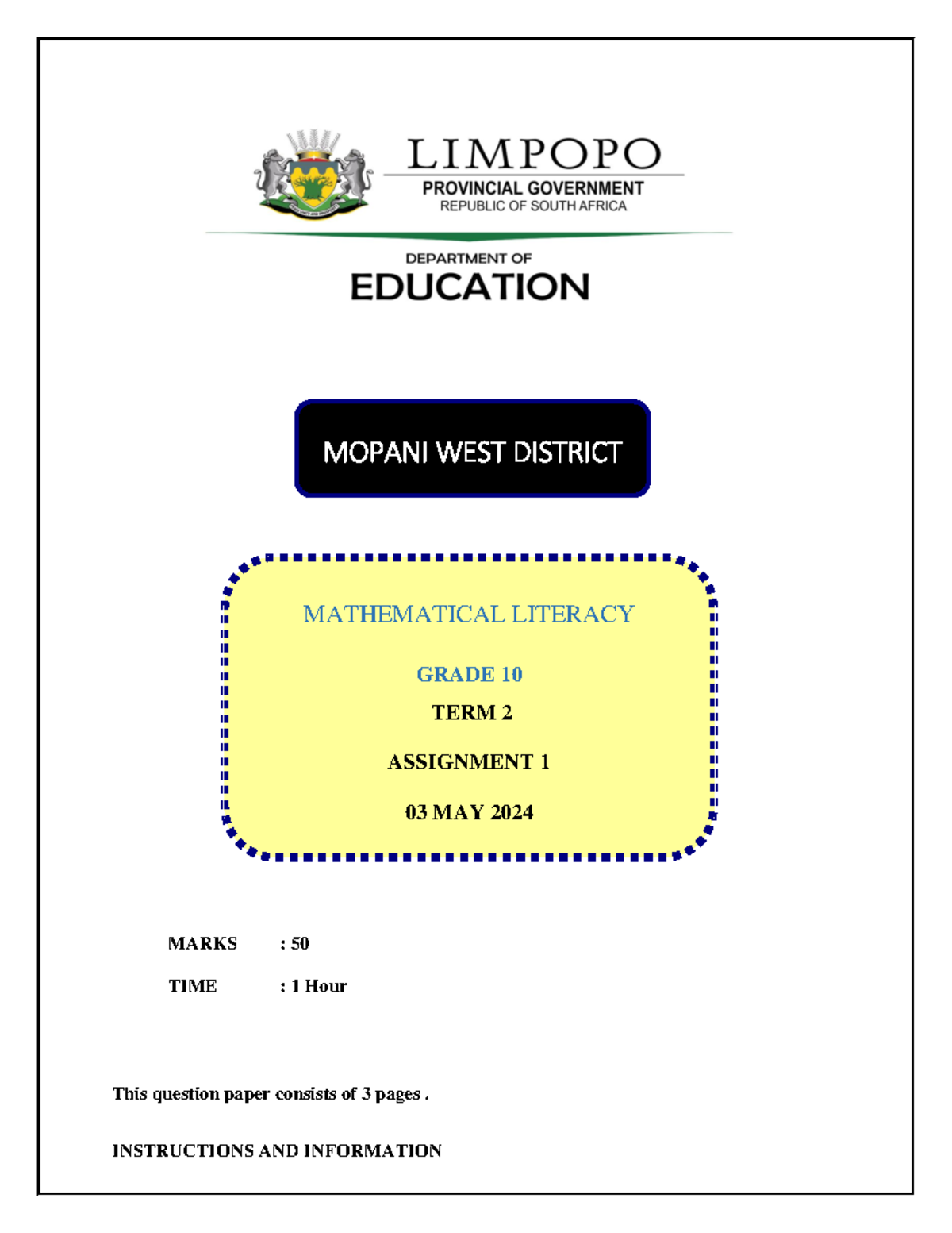 2024 MLIT Grade 10 Term 2 Assignment - MARKS : 50 TIME : 1 Hour This ...