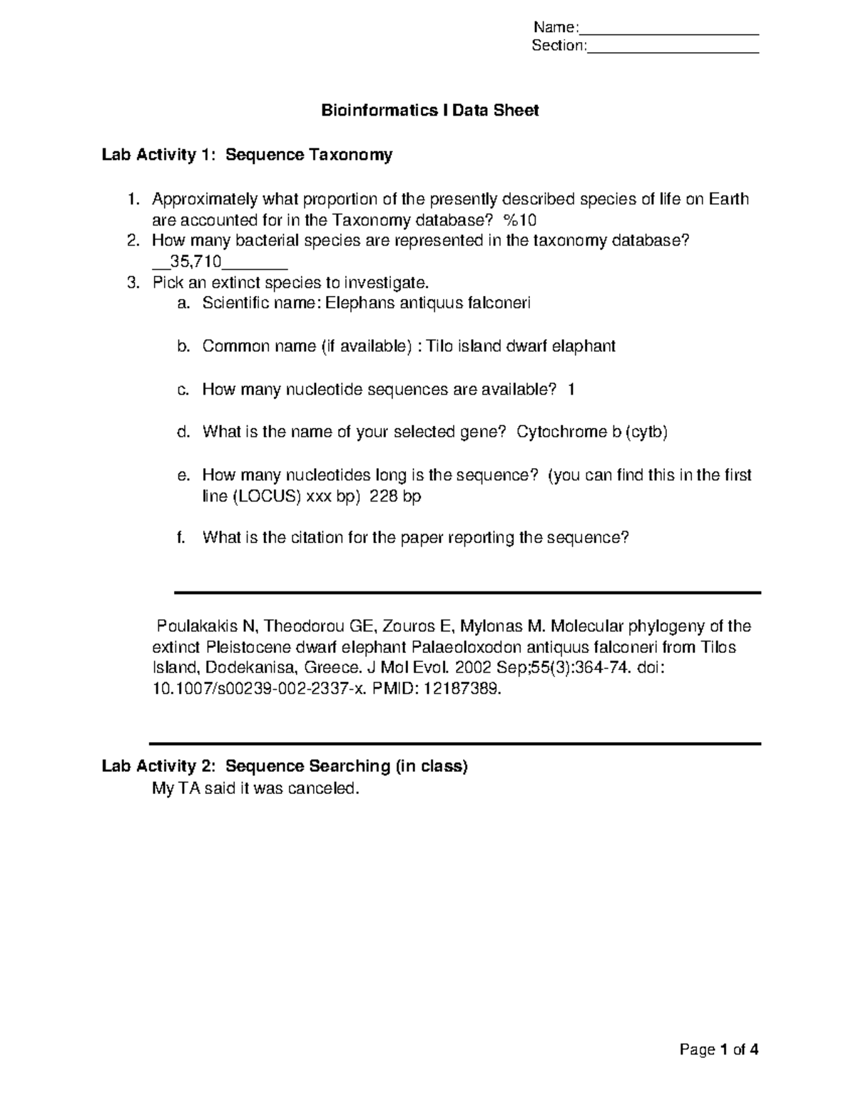Bioinformatics Lab - Section:____________________ Bioinformatics I Data Sheet Lab Activity 1 ...