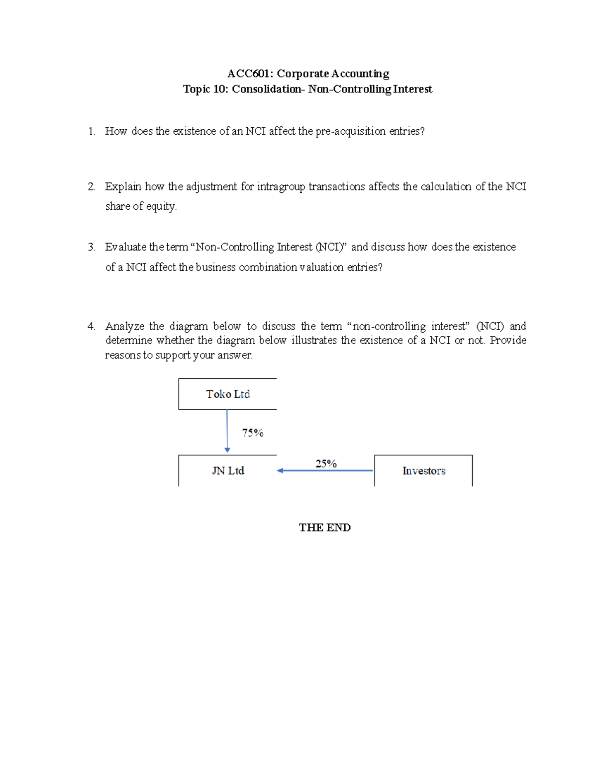 Tutorial 11 - ACC601: Corporate Accounting Topic 10: Consolidation- Non-Controlling Interest How ...
