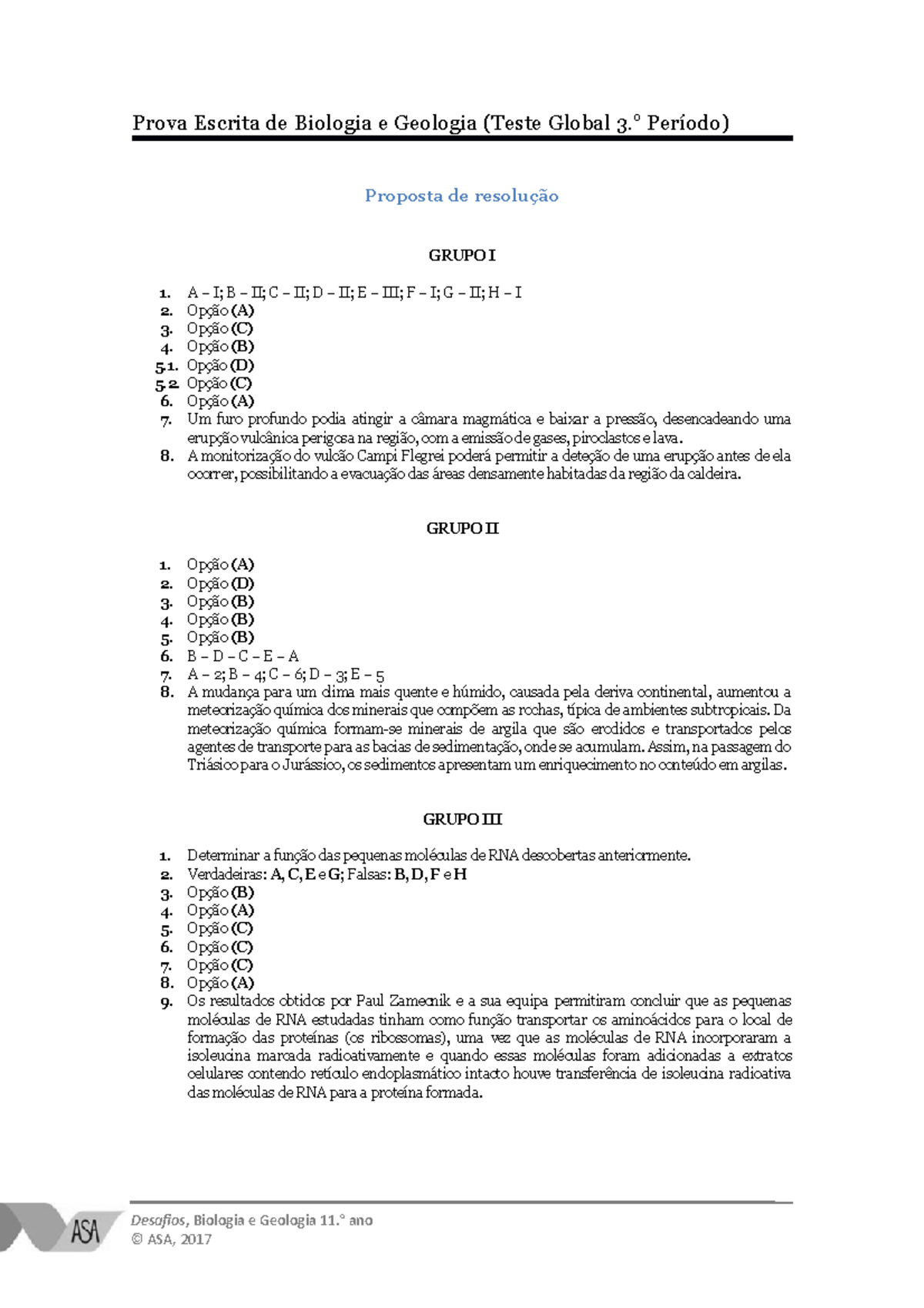 BG11 Teste 3 Proposta Resolução Final - Desafios , Biologia e Geologia ...