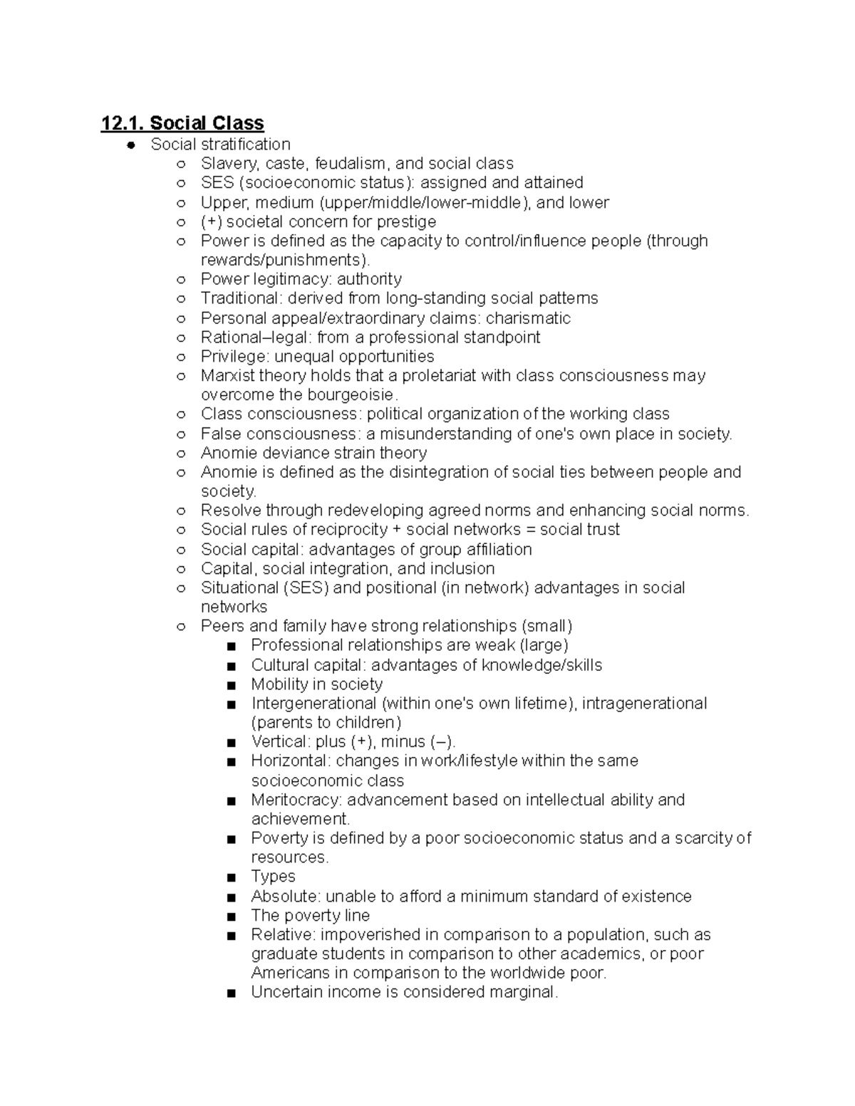 Social Class - notes - 12. Social Class Social stratification Slavery ...
