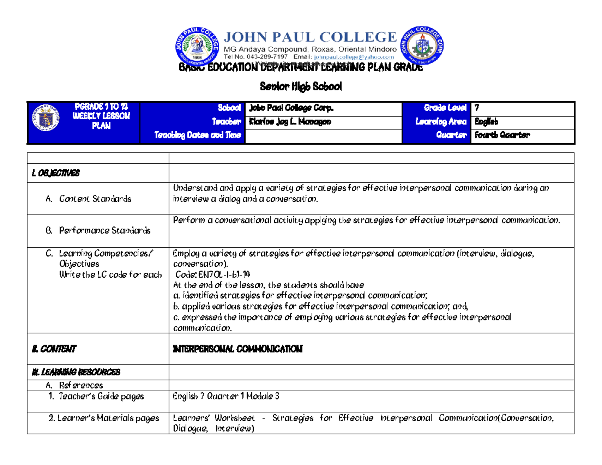 Interpersonal communication - BASIC EDUCATION DEPARTMENT LEARNING PLAN ...
