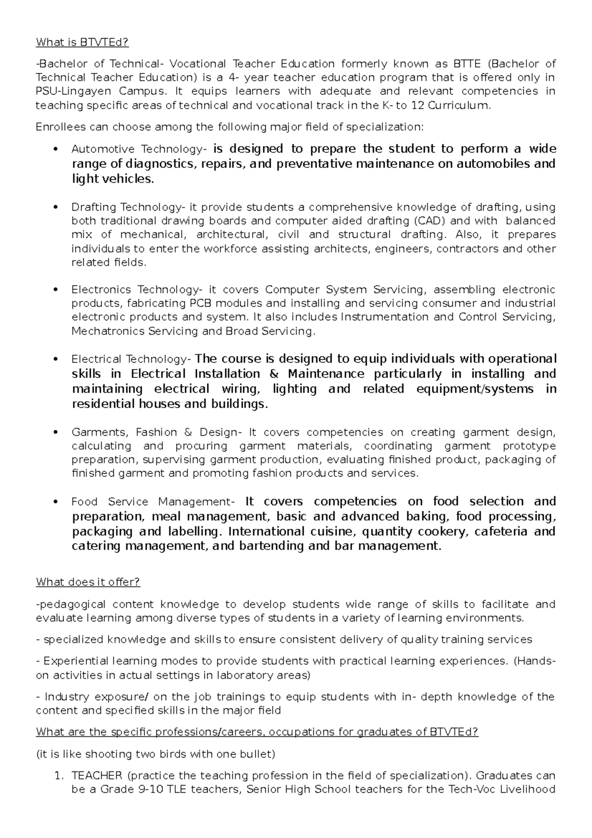 What is Btvted - Love it - BSED Science - PangSU - Studocu