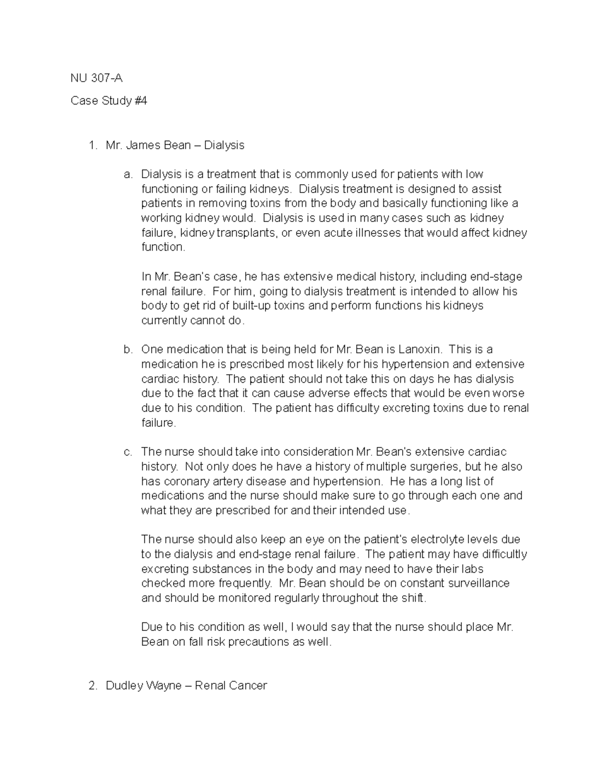 Case Study #4 - NU 307-A Case Study # Mr. James Bean – Dialysis a ...