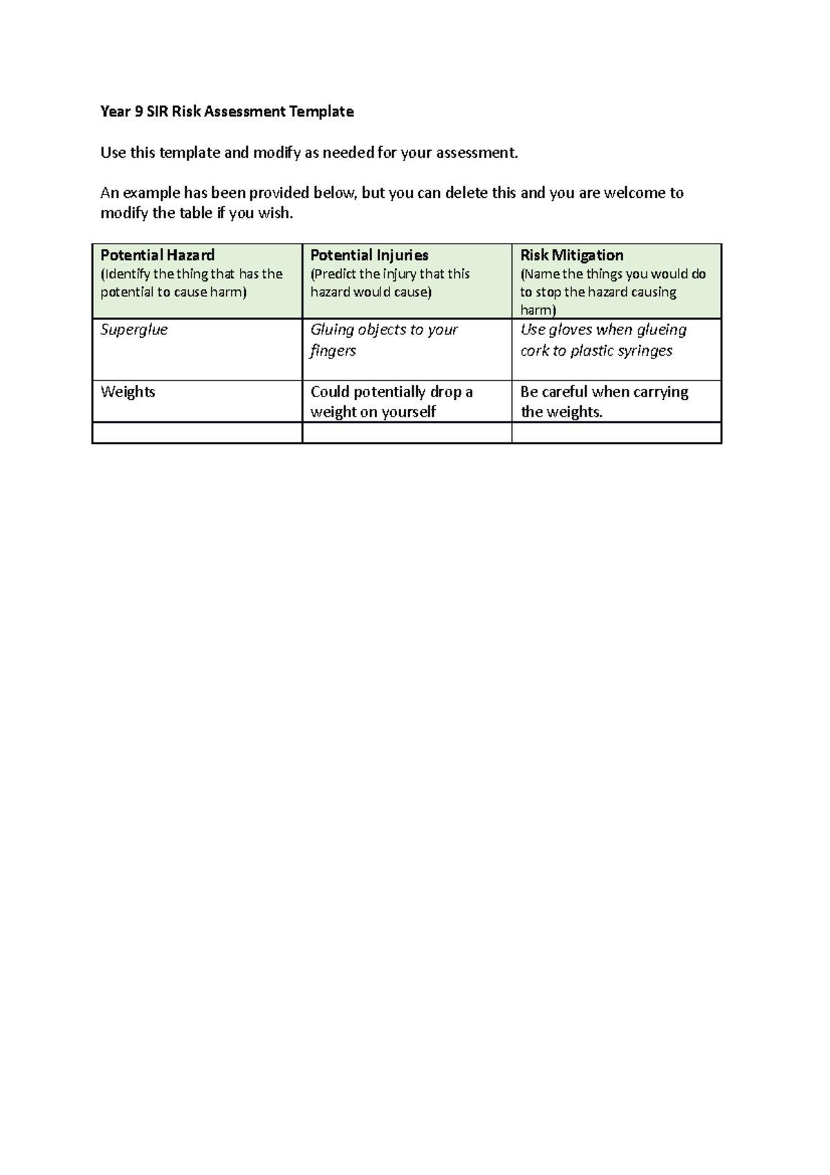 Risk Assessment Template - An example has been provided below, but you ...