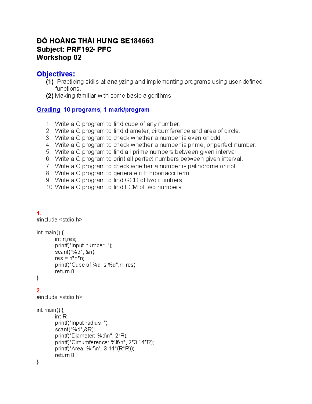 Workshop 02 Full ĐỖ HoÀng ThÁi HƯng Se Subject Prf192 Pfc Workshop 02 Objectives 1