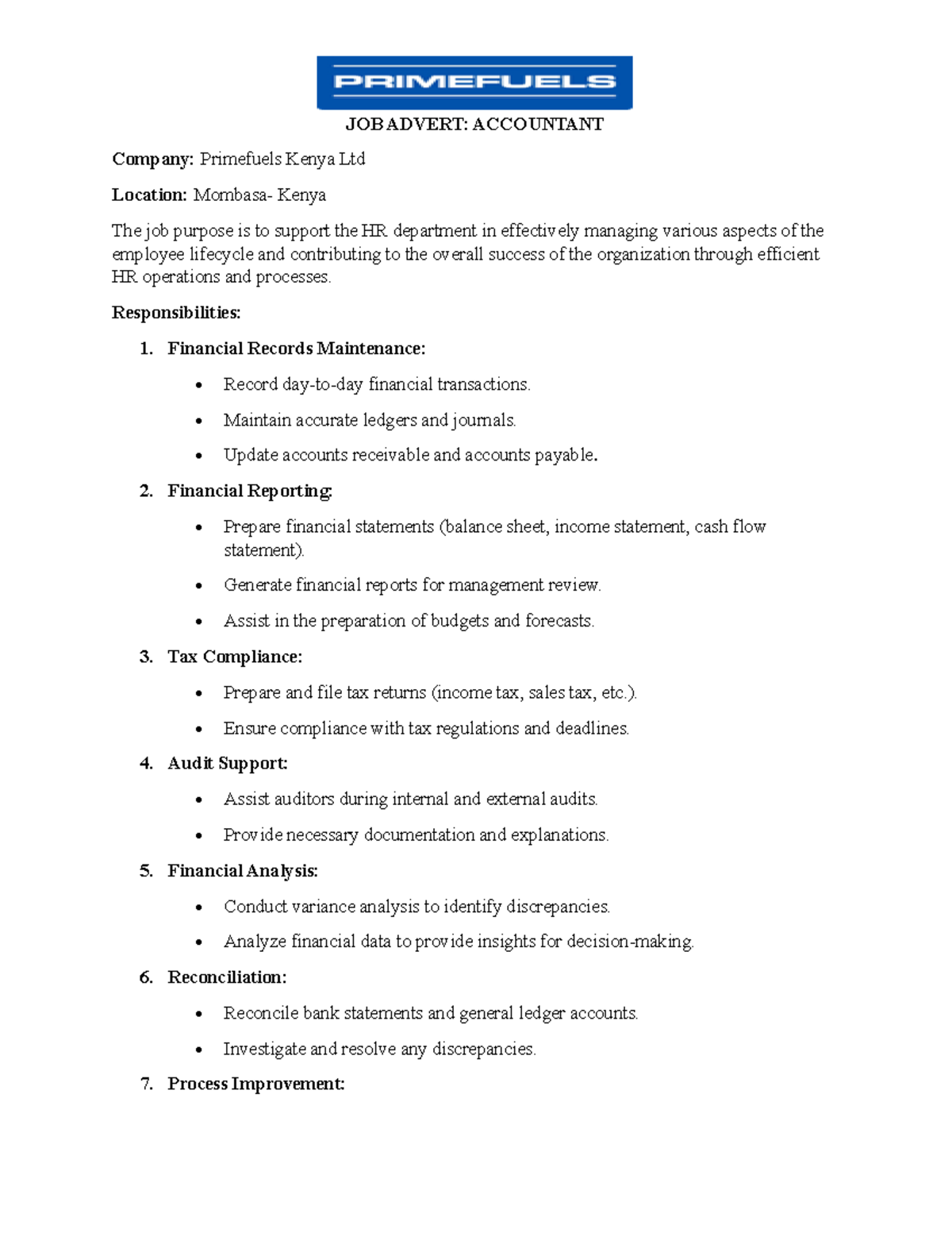 Accountant JOB Advert - Summary Business finance - JOB ADVERT ...