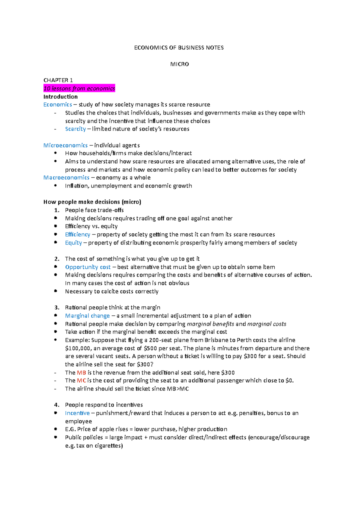 Economics OF Business Notes - ECONOMICS OF BUSINESS NOTES MICRO CHAPTER ...
