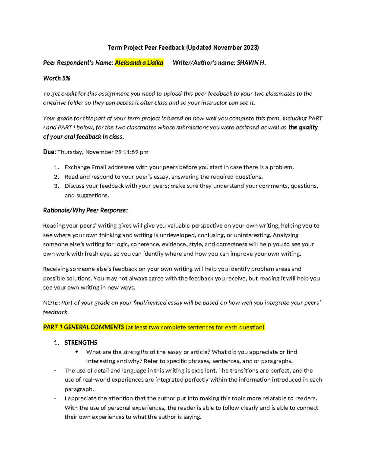 [FOR Shawn] PEER Revised Draft Response - Term Project Peer Feedback ...