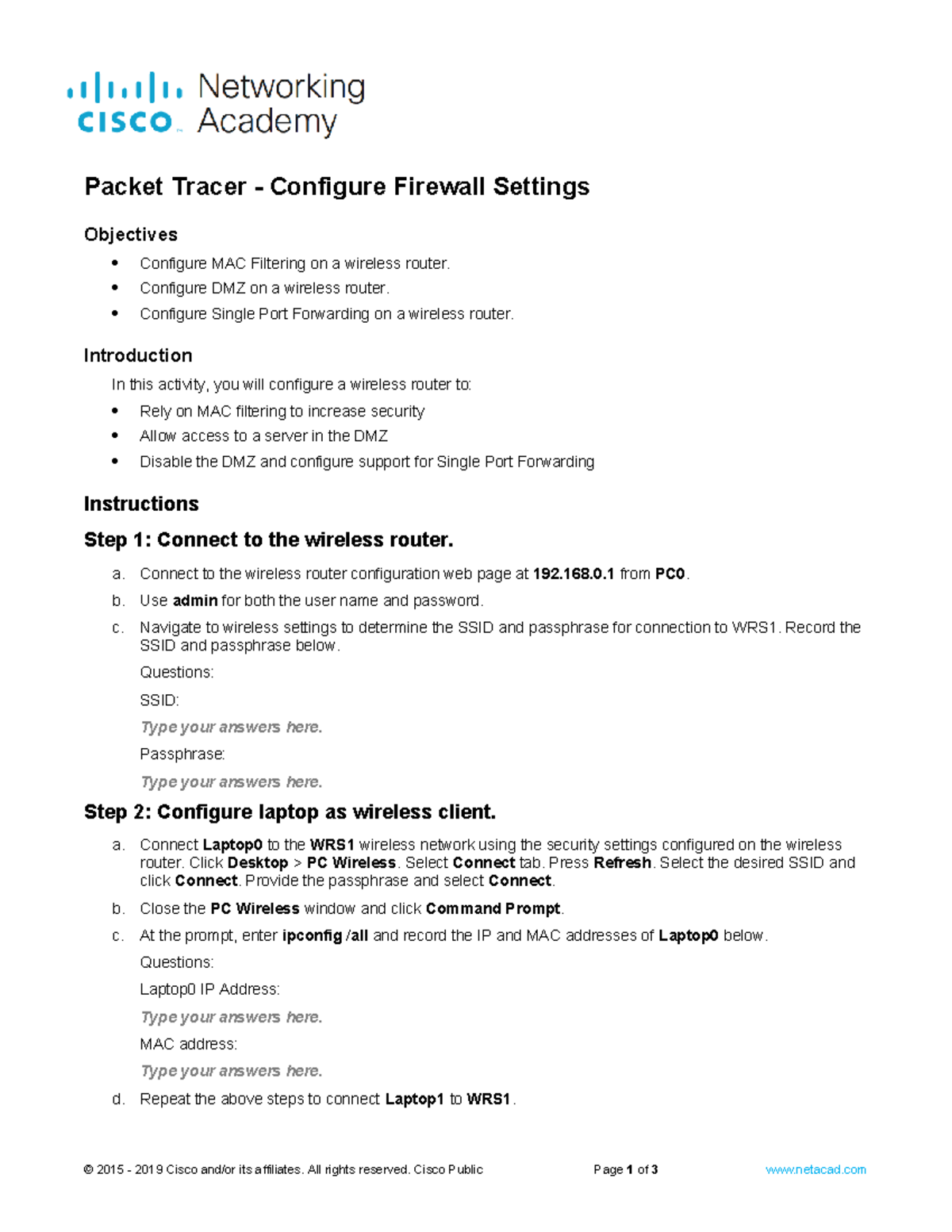 6.1.4.7 Packet Tracer - Configure Firewall Settings - Packet Tracer - Configure Firewall ...
