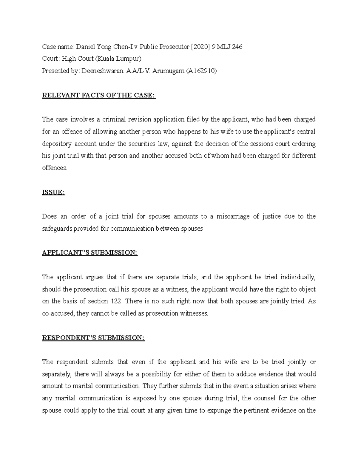 Evidence II Presentation (Dr Rama) - Case name: Daniel Yong Chen-I v ...