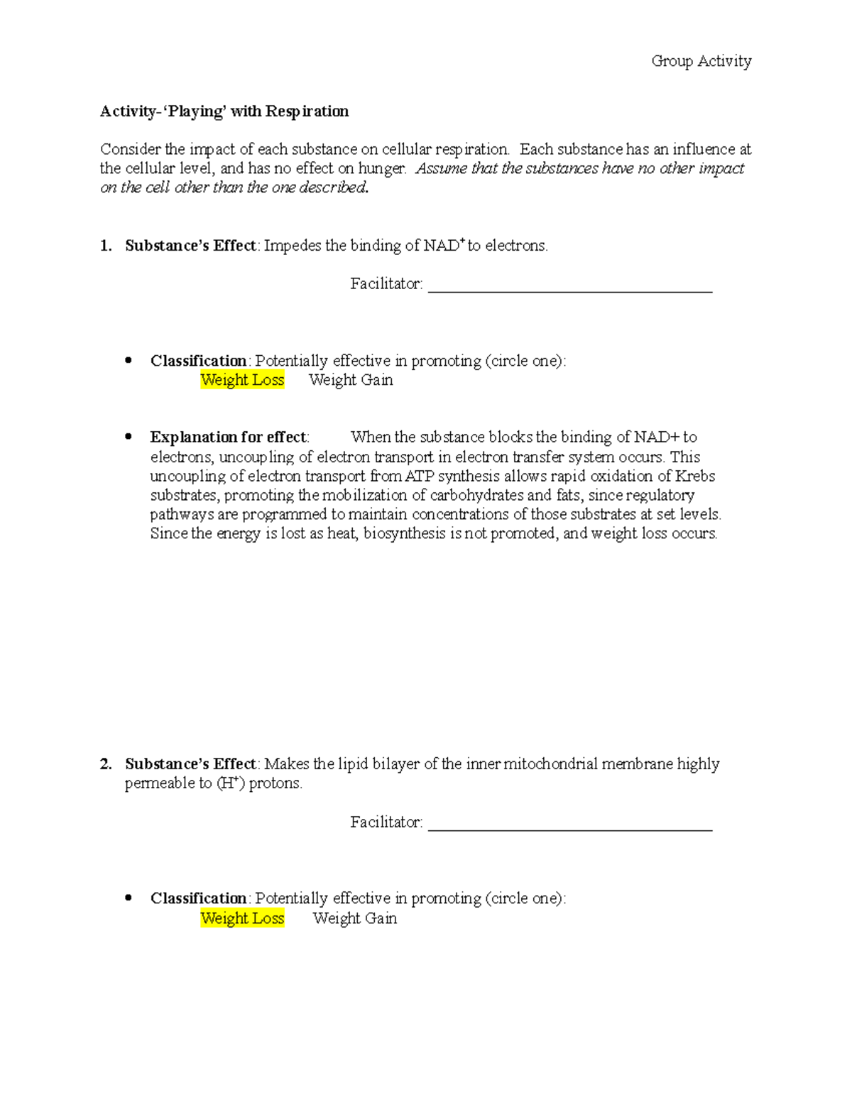 Activity PLaying with Cell Respiration (mine) - Group Activity Activity ...