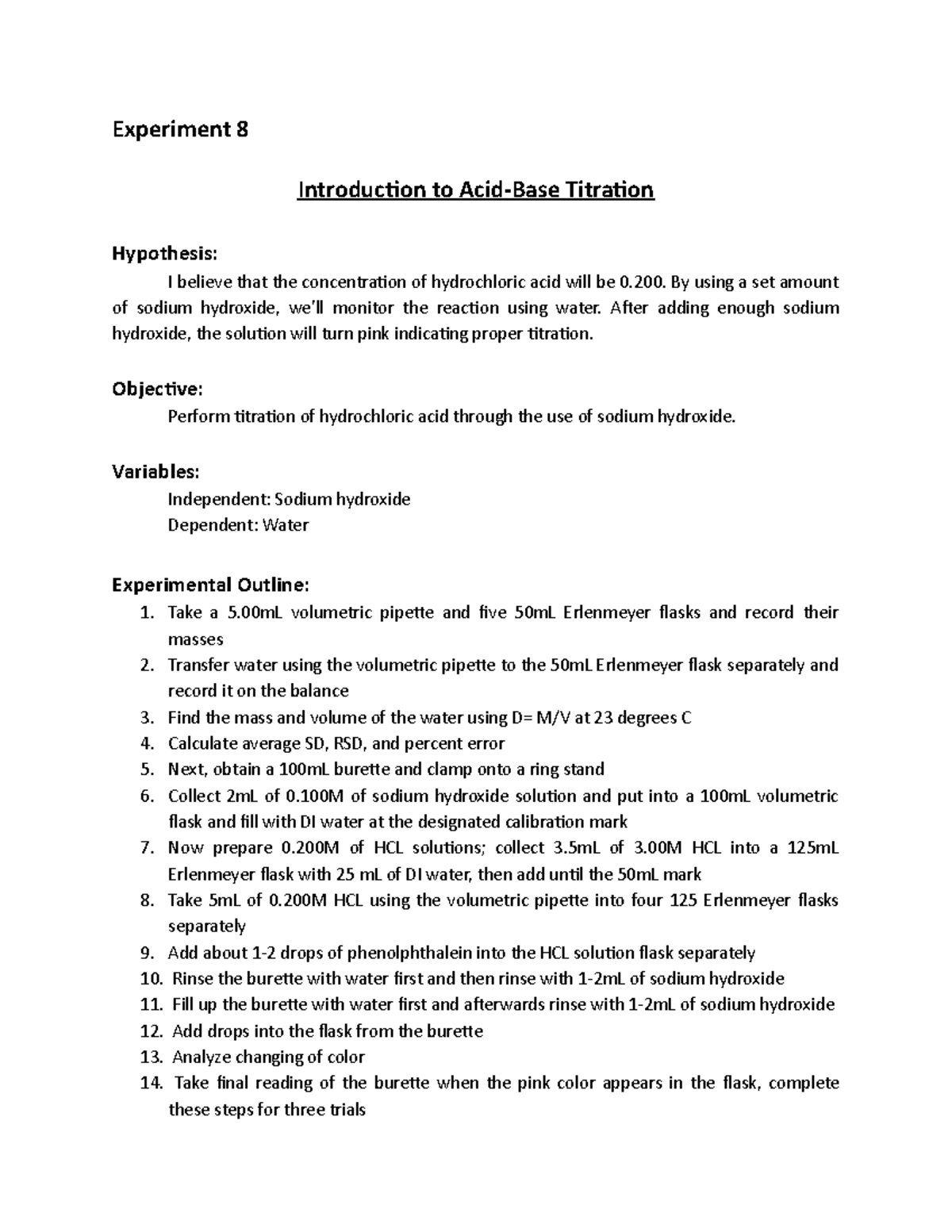 SUNY University at Albany - ACHM 115 - Experiment 8 - LAB - Experiment ...