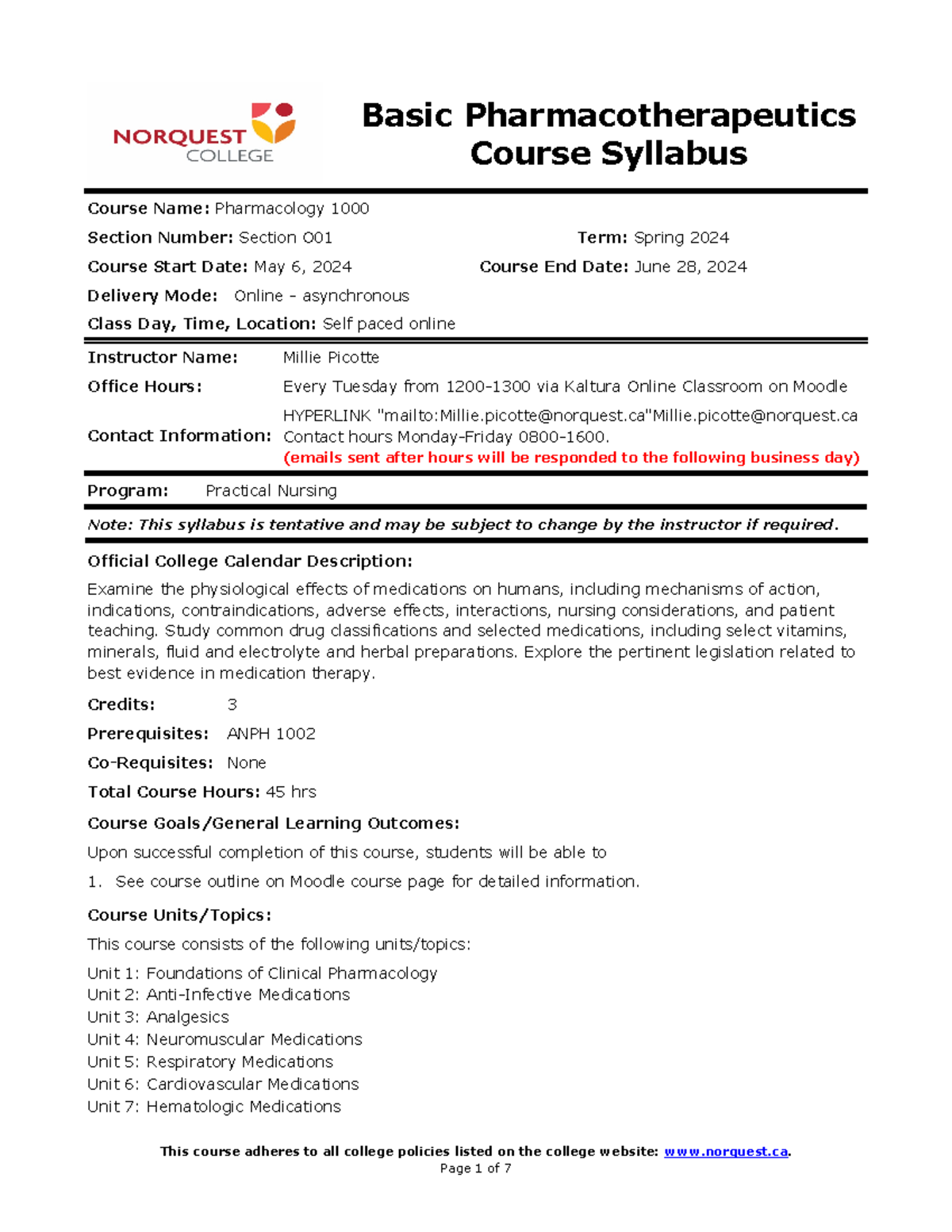 Course Syllabus Pharm 1000 O01 Winter 2024 - Basic Pharmacotherapeutics ...