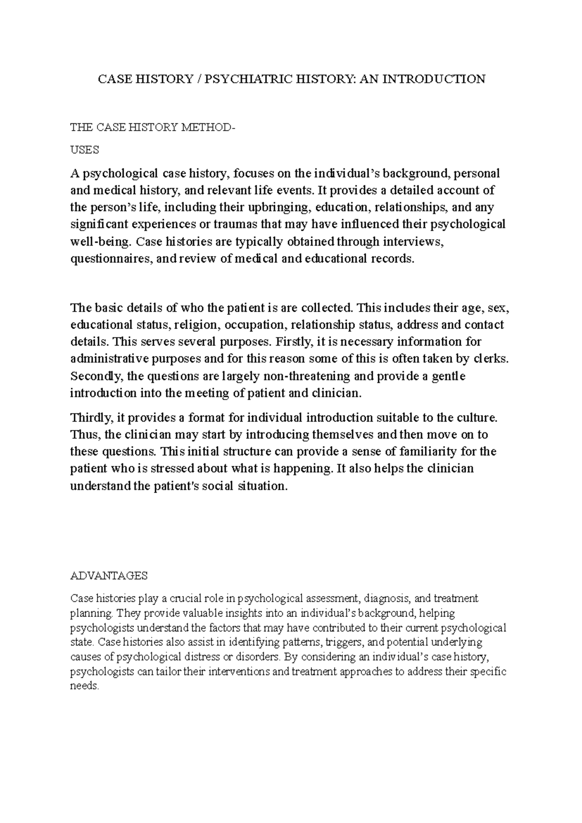 Mse and case history - Notes - CASE HISTORY / PSYCHIATRIC HISTORY: AN ...