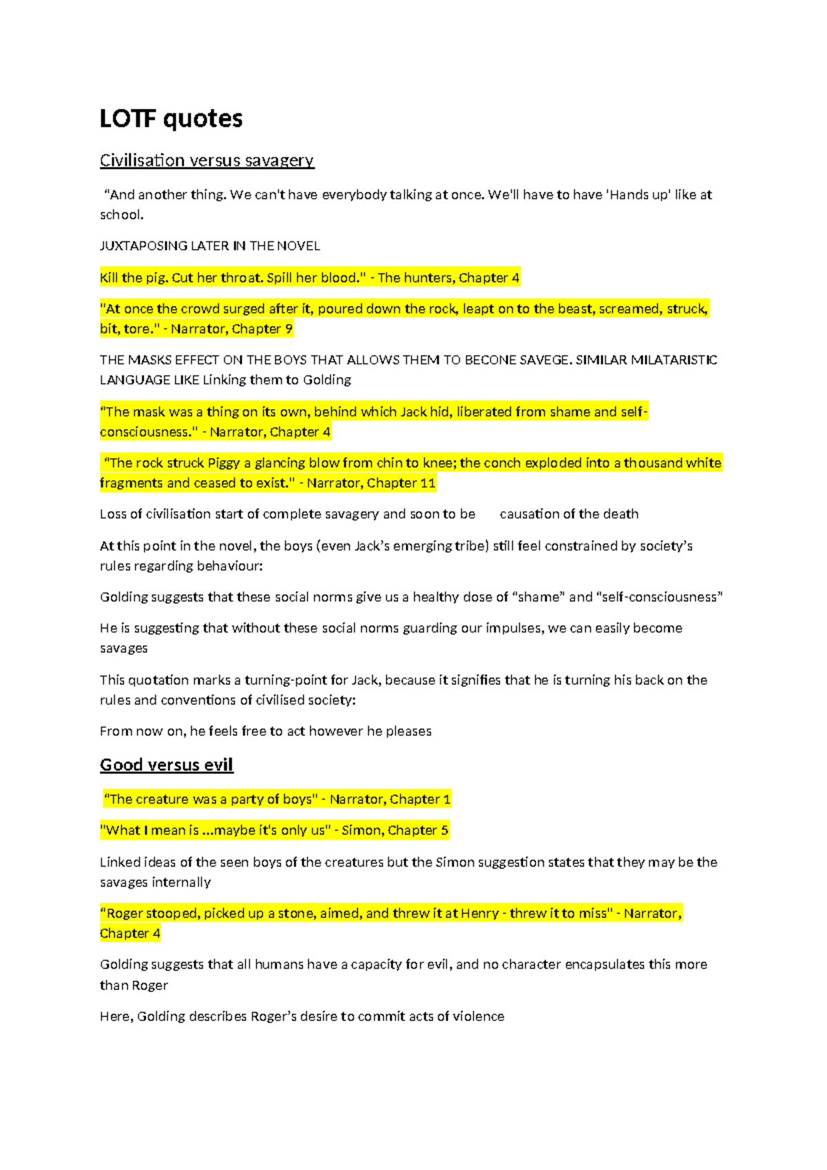 LOTF quotes - LOTF quotes Civilisation versus savagery “And another ...