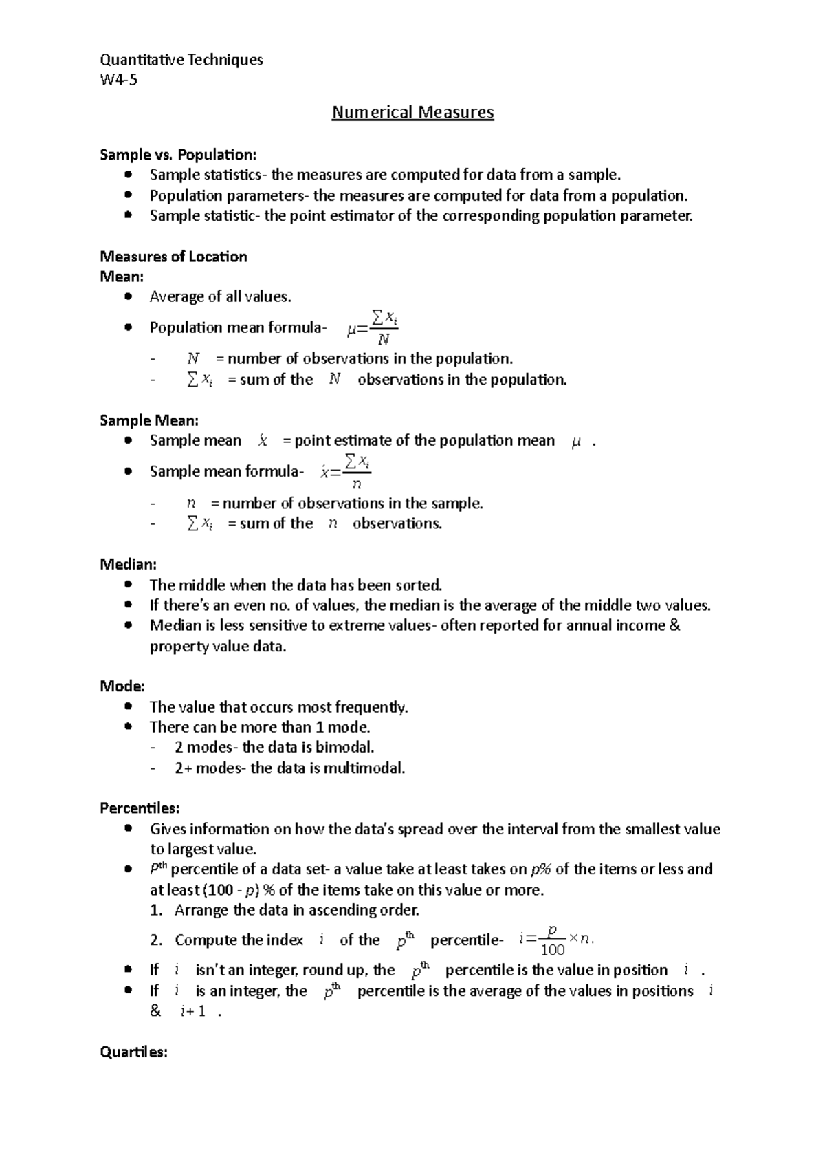 Quantitative methods - W4- Numerical Measures Sample vs. Population ...