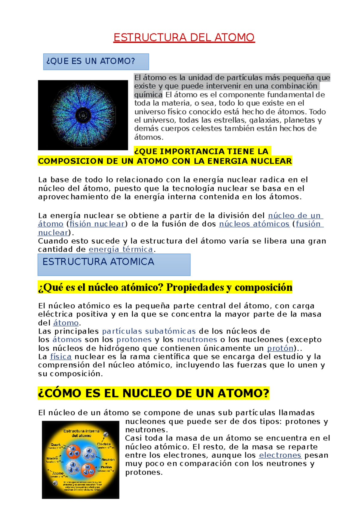Estructura DEL Atomo - apuntes - ESTRUCTURA DEL ATOMO El átomo es la ...