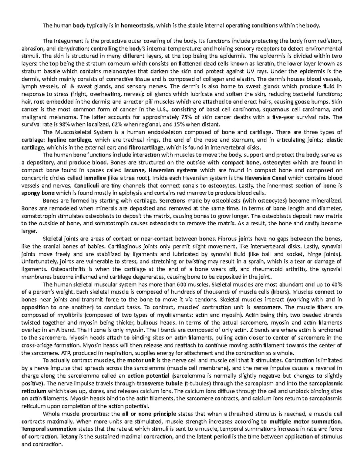 BIOL 1010 Unit One Notes Paragraph form - The human body typically is ...