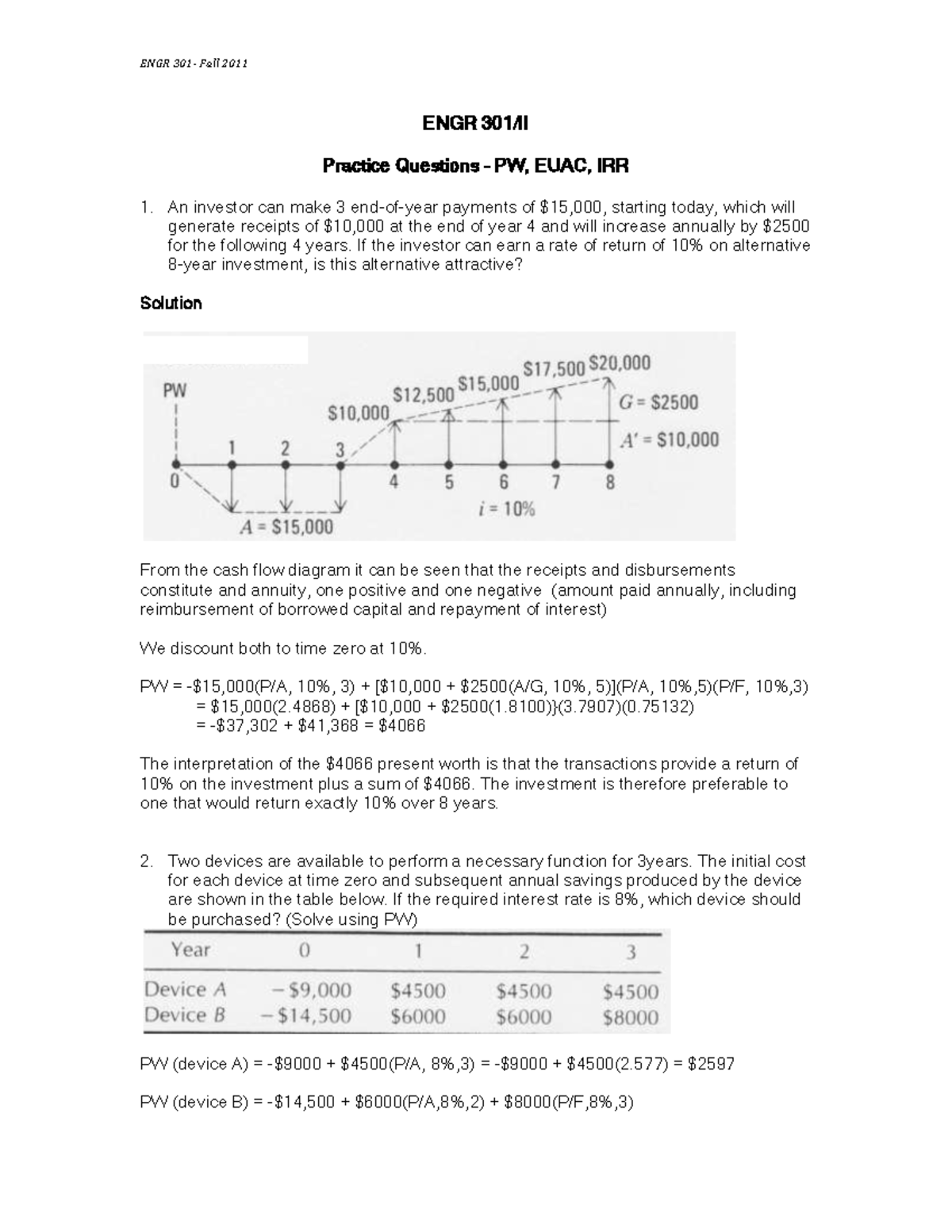 Practice Questions PW EUAC IRR Solutions - ENGR 3 01 /II Practice ...
