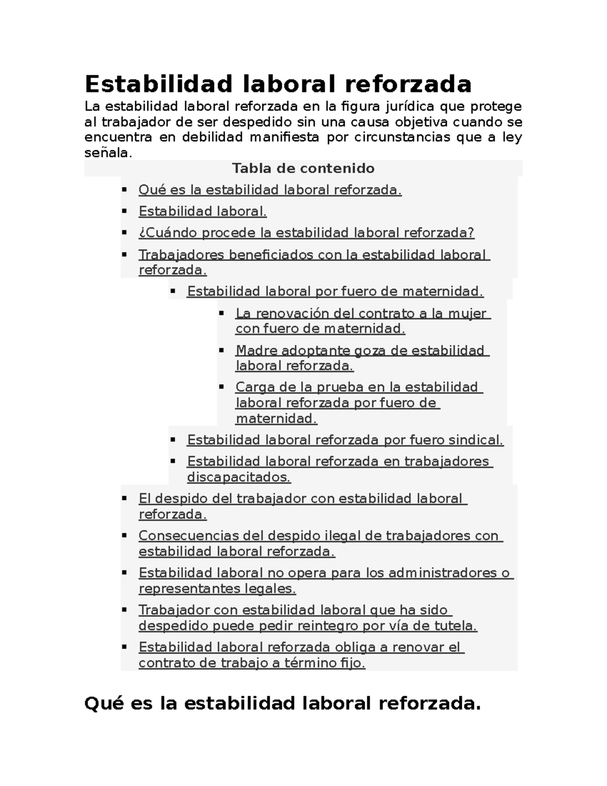 Estabilidad laboral reforzada - Tabla de contenido Qué es la ...