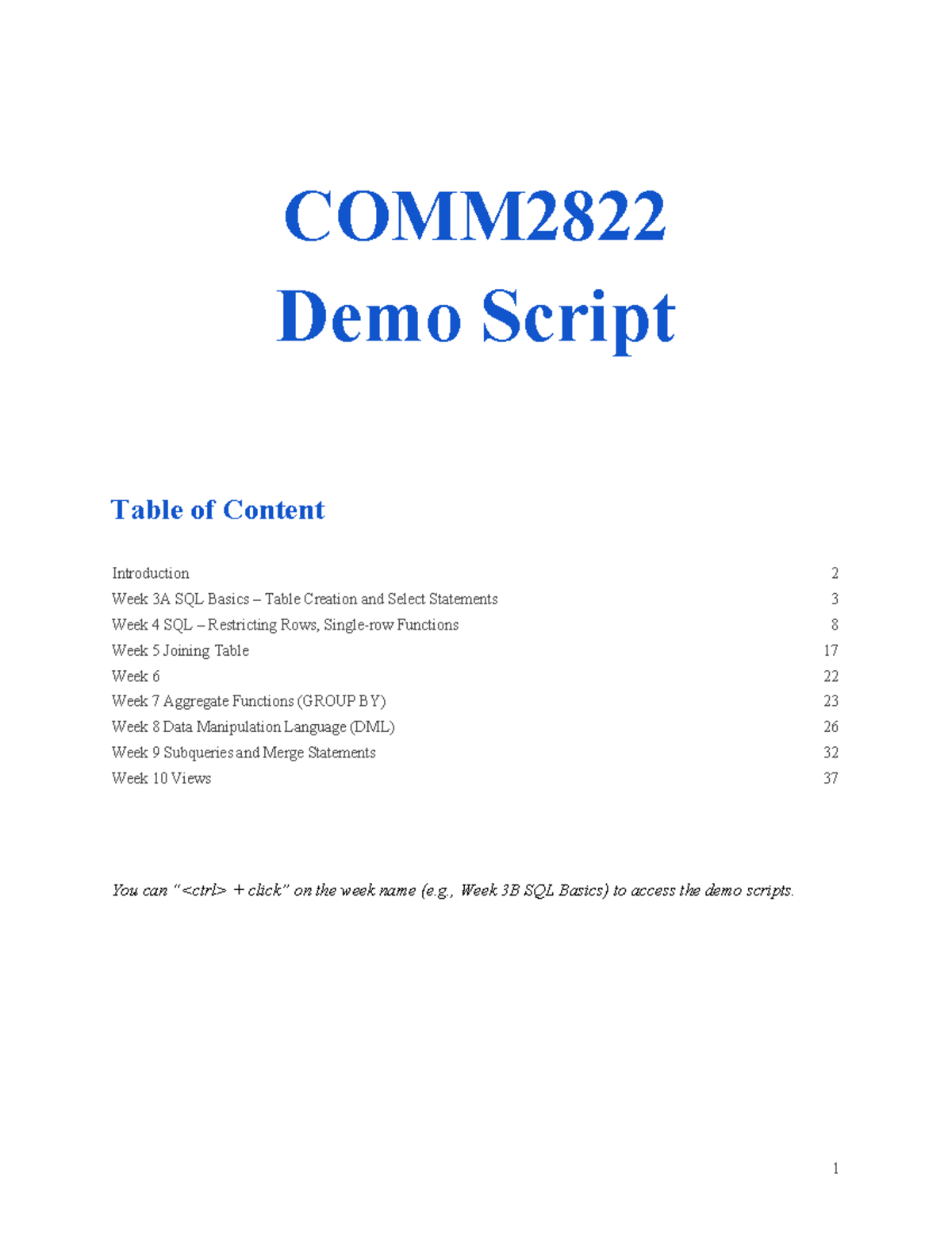 COMM2822 2022 Demo Scripts - Demo Script COMM Introduction Table of ...