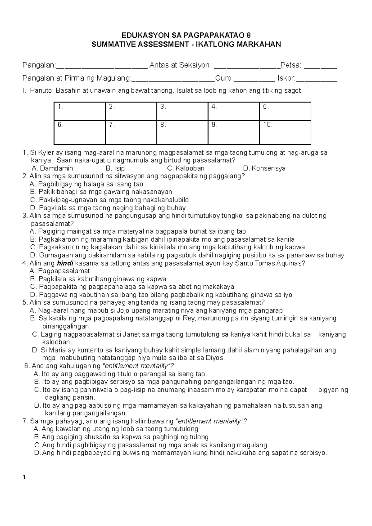 2020-21 ESP8-3q Summative Assessment Students copy - EDUKASYON SA PAGPAPAKATAO 8 SUMMATIVE - Studocu