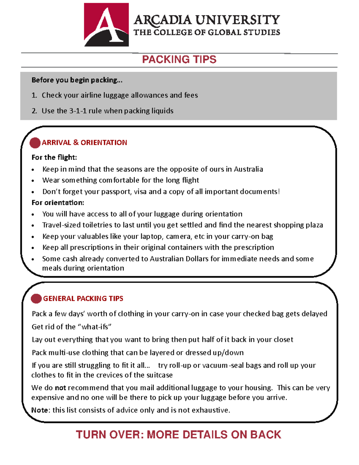 AU Packing List - idk - TURN OVER: MORE DETAILS ON BACK PACKING TIPS ...