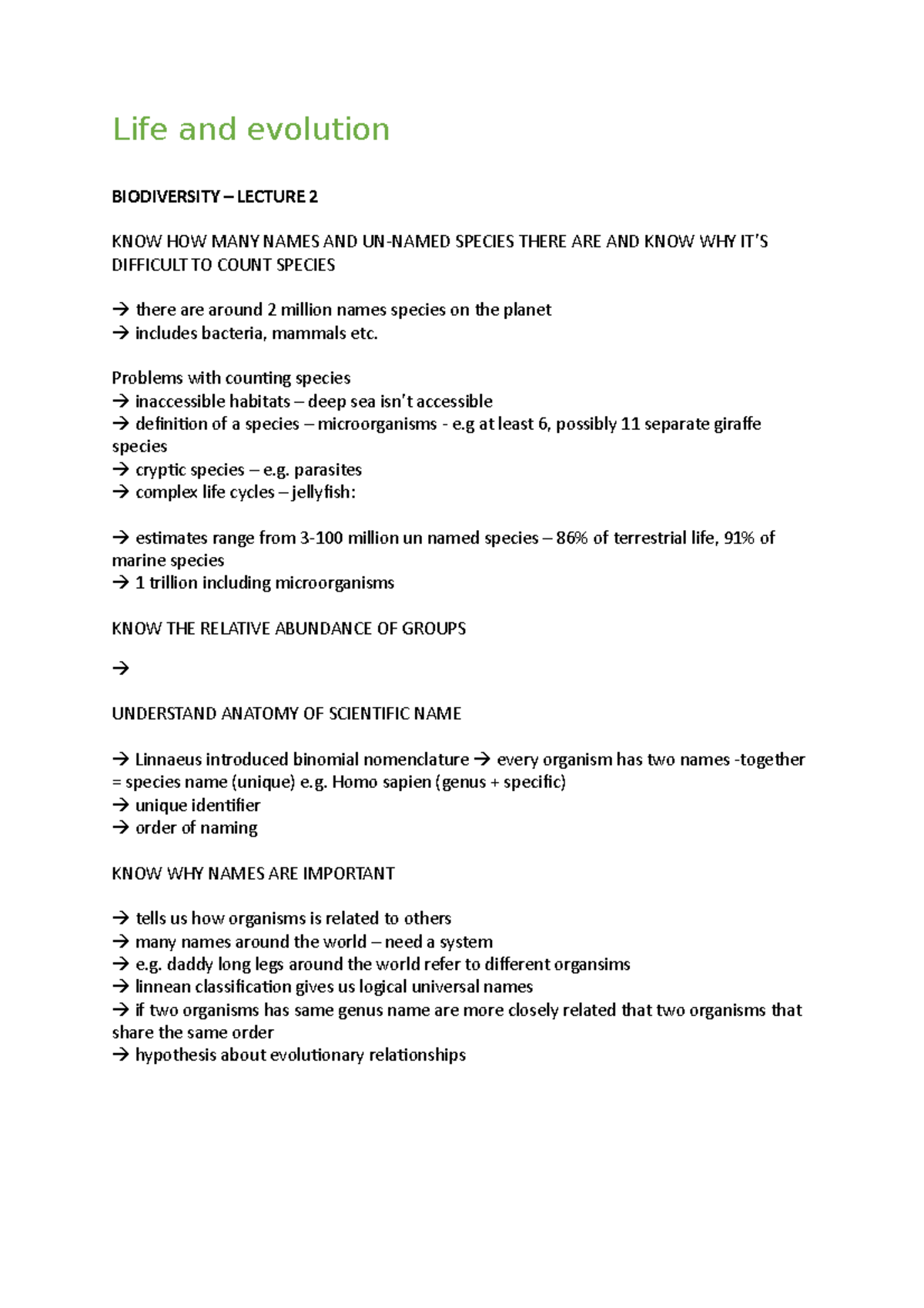 Life and evolution - lecture notes - Life and evolution BIODIVERSITY ...
