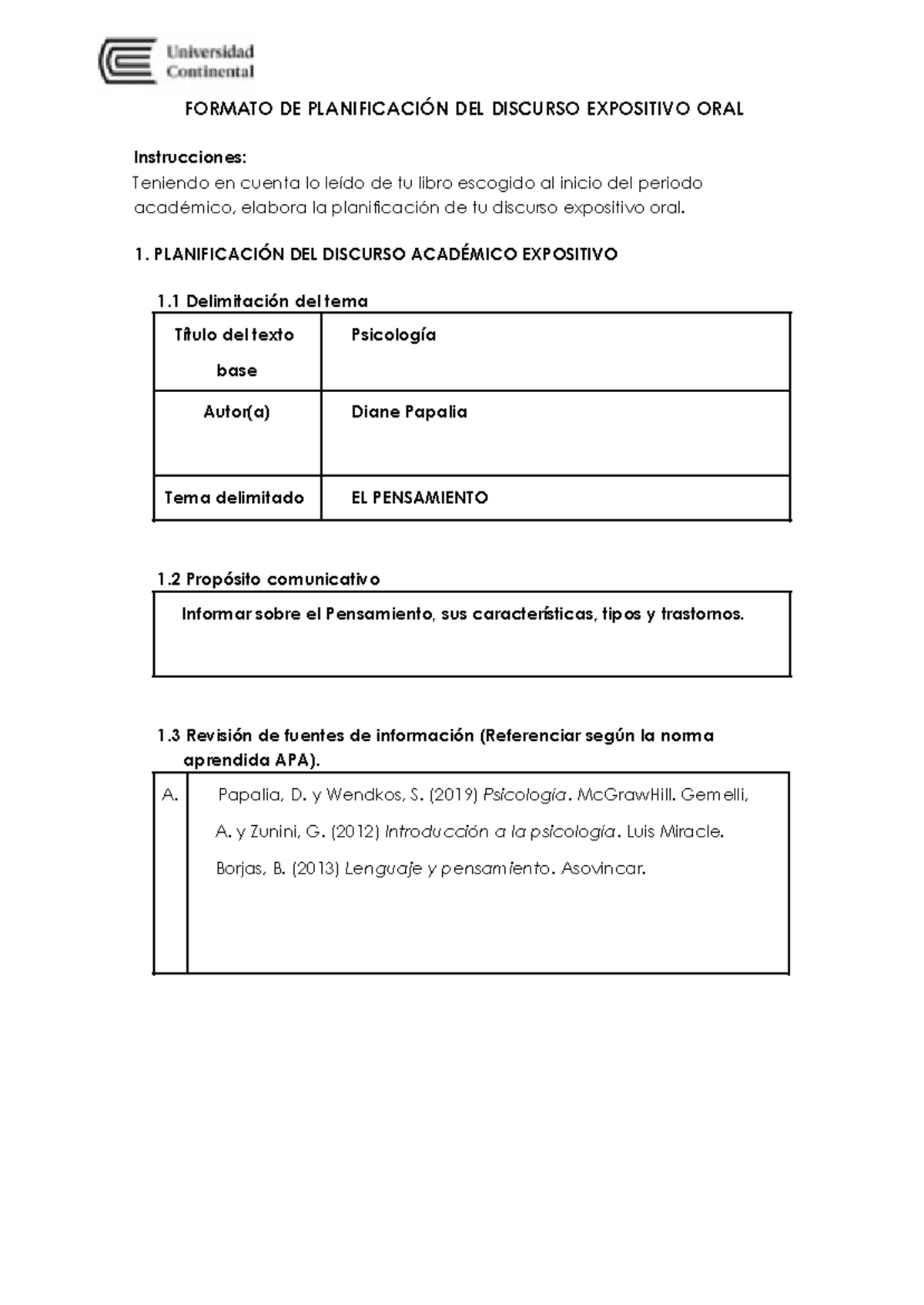 Ejemplo Formato DE Planificación DEL Discurso Expositivo ORAL - FORMATO ...