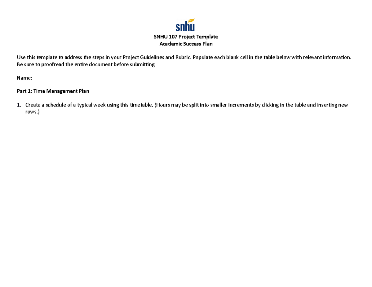 SNHU 107 Project (1) - SNHU 107 Project Template Academic Success Plan ...