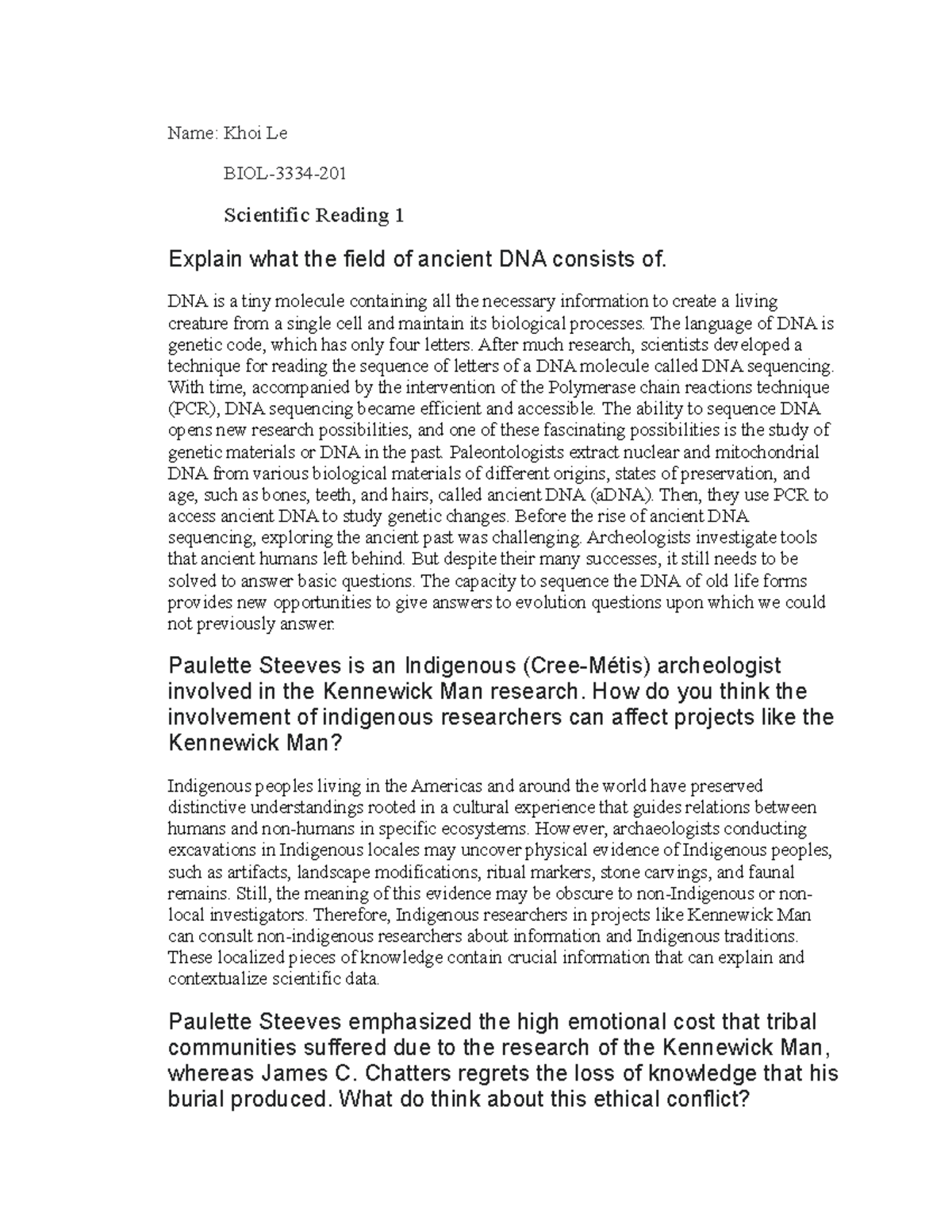 Genetic scientific reading 1 - Name: Khoi Le BIOL-3334- Scientific ...