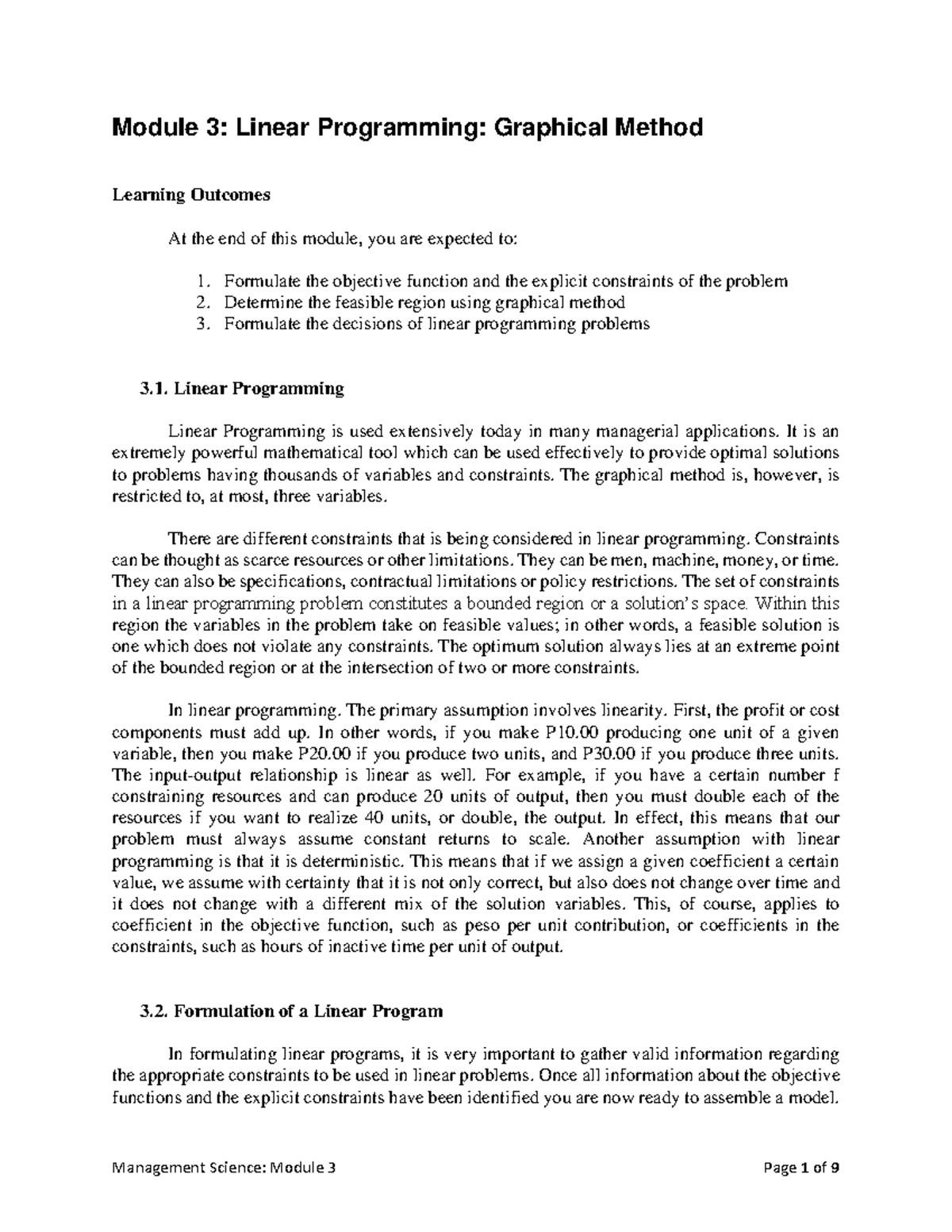 Module 3 LP Graphical Method - Module 3: Linear Programming: Graphical ...