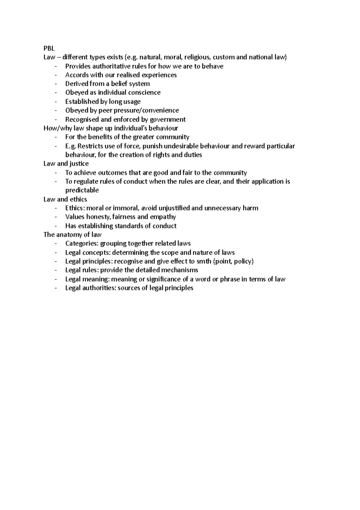 PBL notes - PBL Law – different types exists (e. natural, moral ...