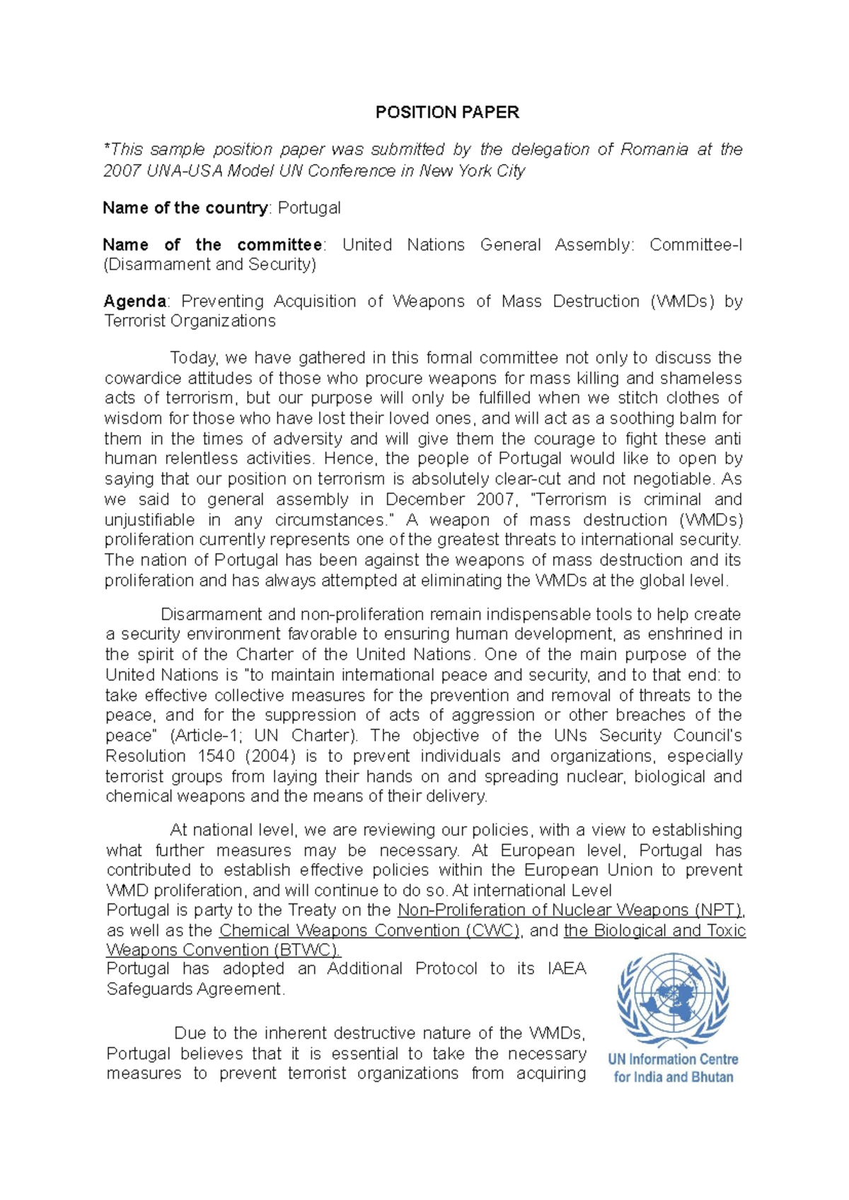 Position Paper - POSITION PAPER *This sample position paper was ...