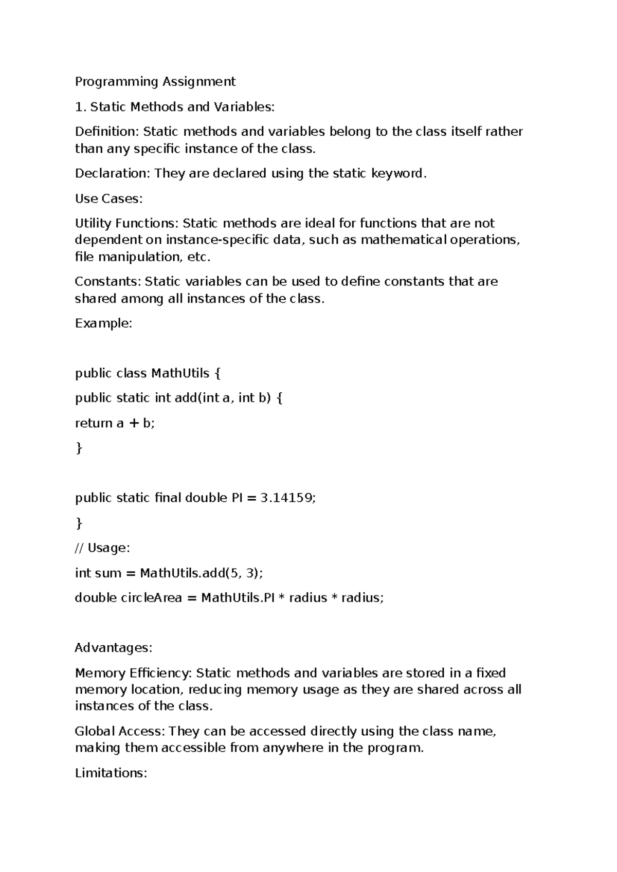 Document - Programming Assignment Static Methods and Variables: Definition: Static methods and ...