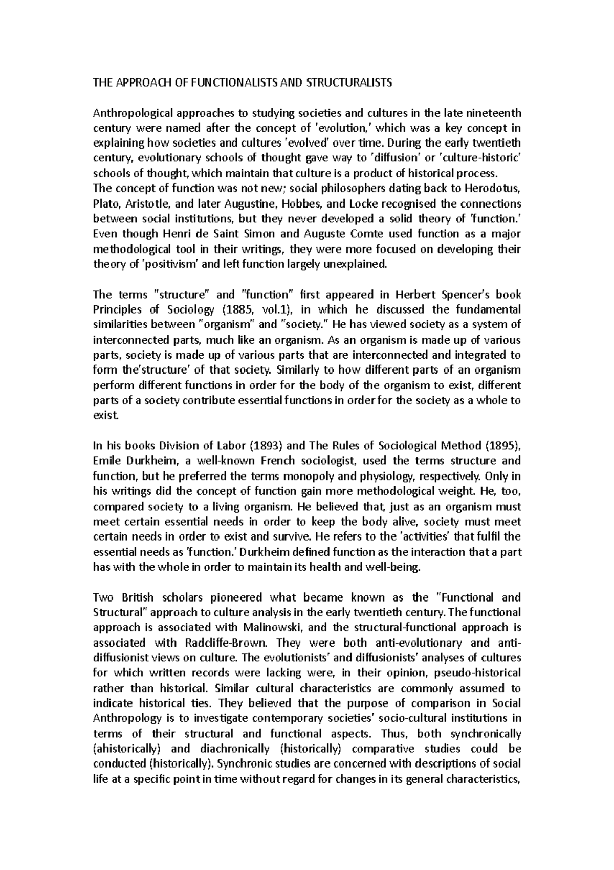 THE Approach OF Functionalists AND Structuralists - THE APPROACH OF ...