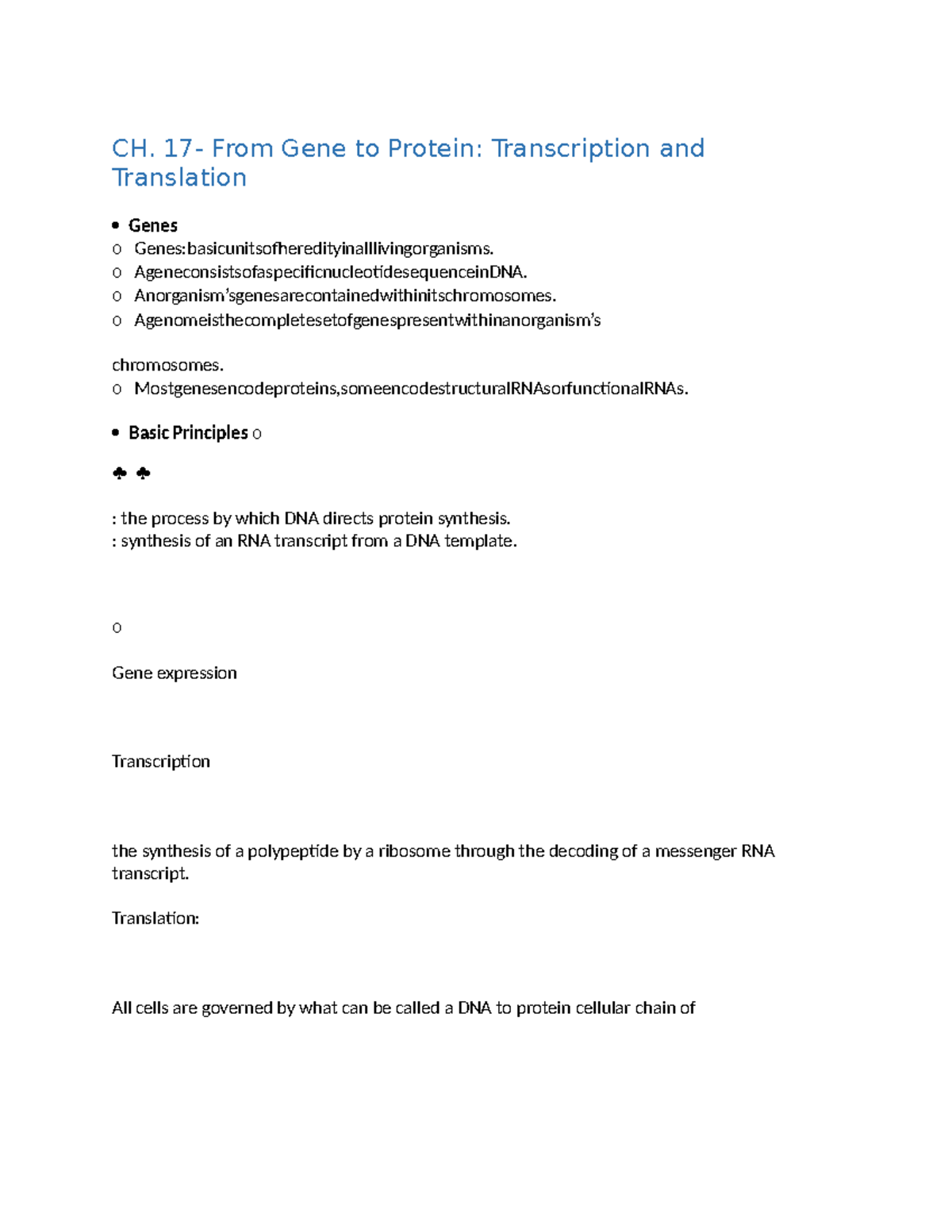 CH - notes - CH. 17- From Gene to Protein: Transcription and ...