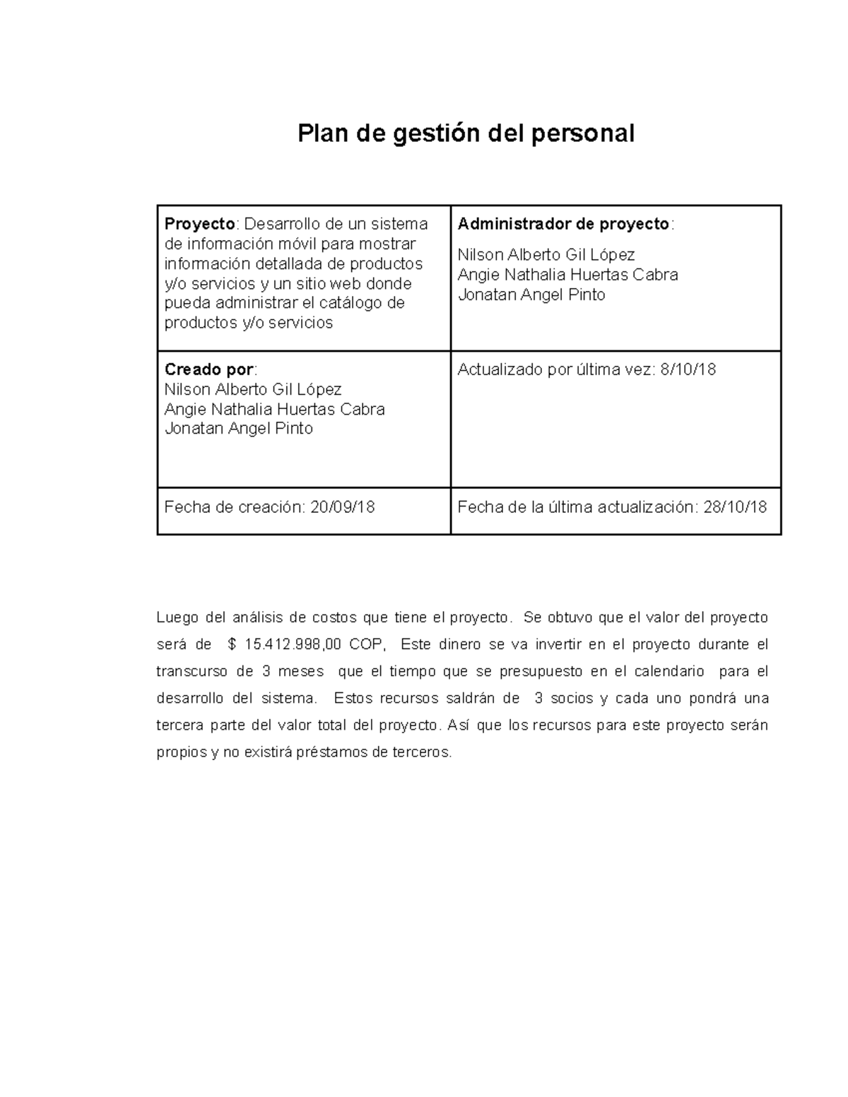 11. Plan de gestión del personal - Plan de del personal Desarrollo de ...
