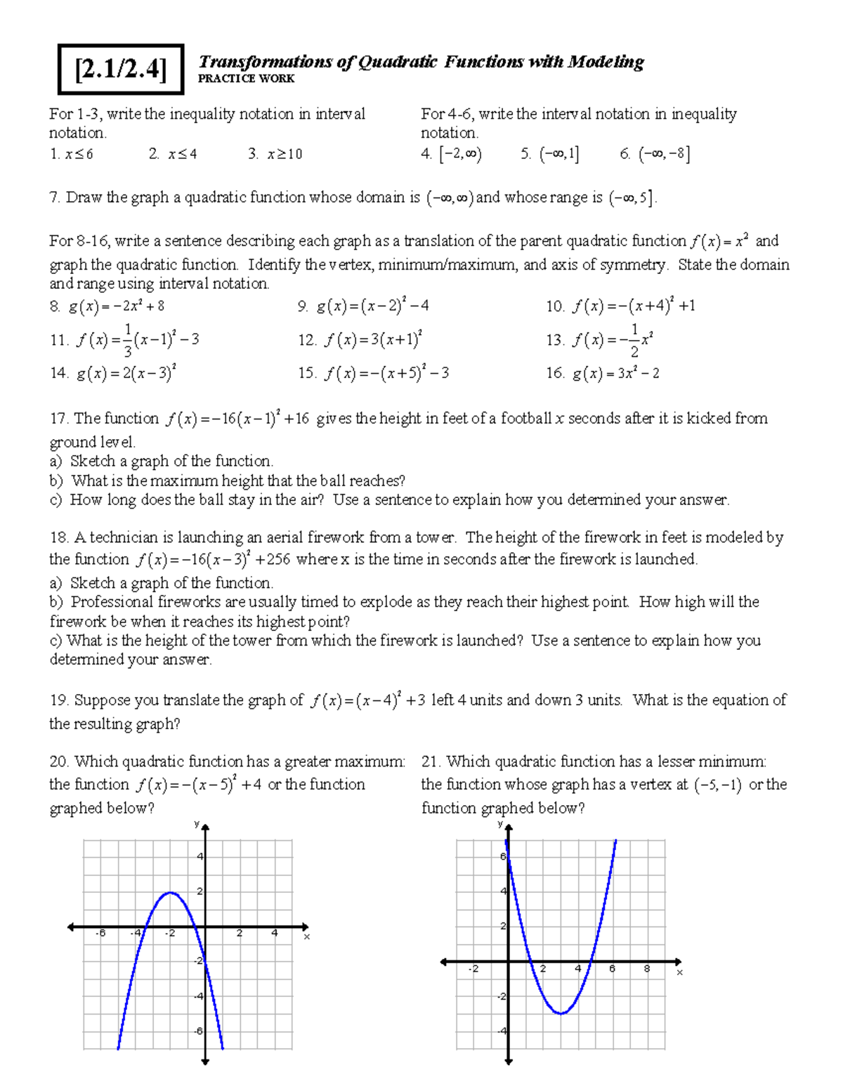[2.1-2.4] Practice - Transformations of Quadratic Functions with ...