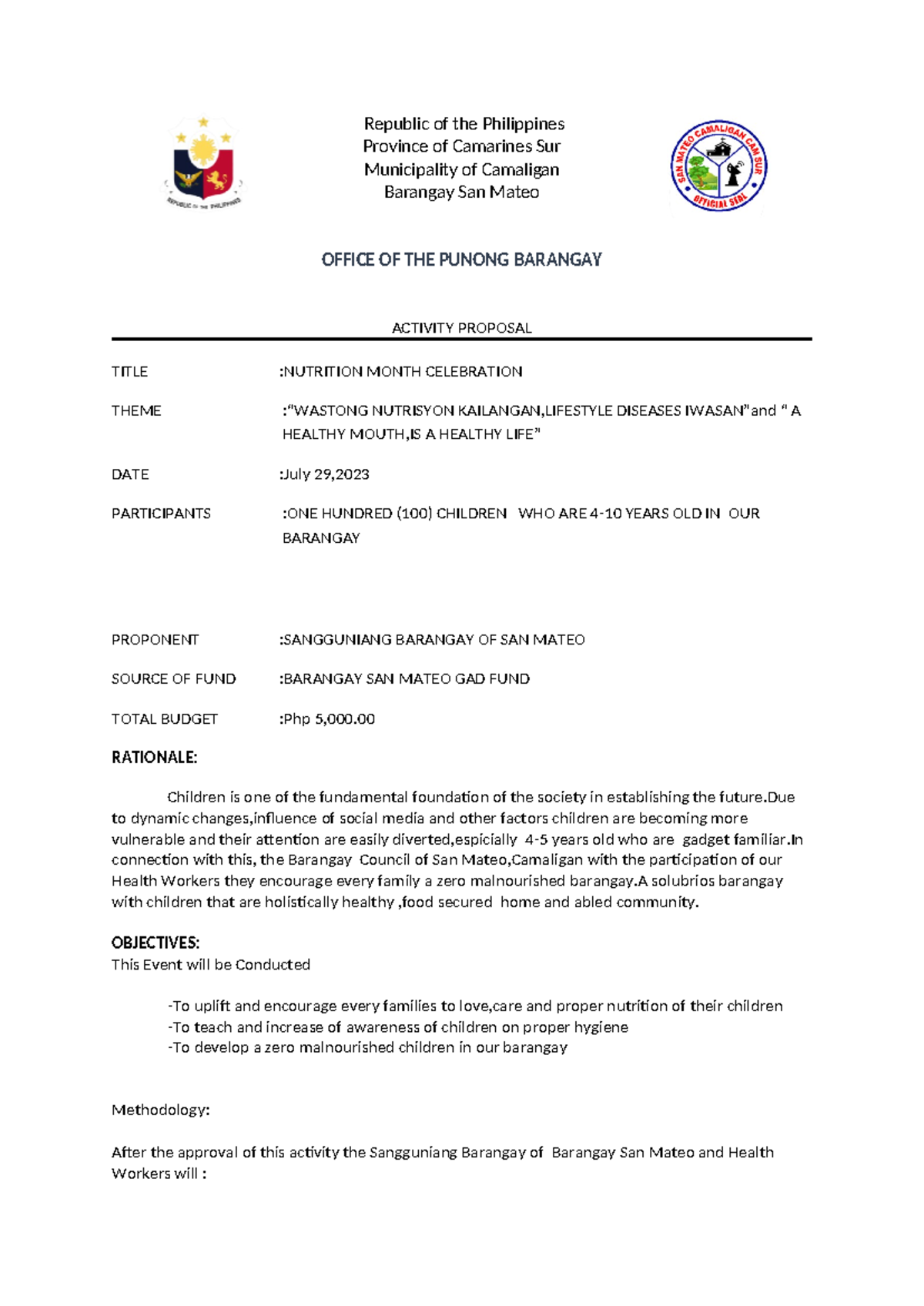 Activity proposal 2023 nutrition month - Republic of the Philippines ...